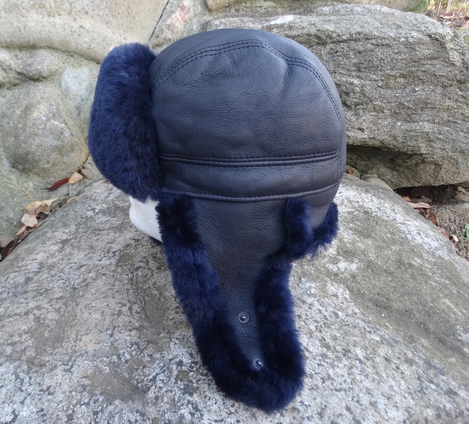 Genuine Dark Blue Leather Sheepskin Mens Winter Hat Bomber Trapper ...