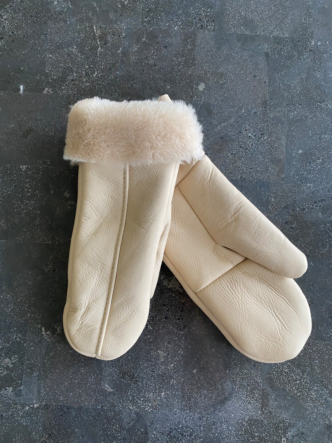 Womens Warm Mittens Sheepskin Fur Leather Turkish Beige Unisex Gloves ...