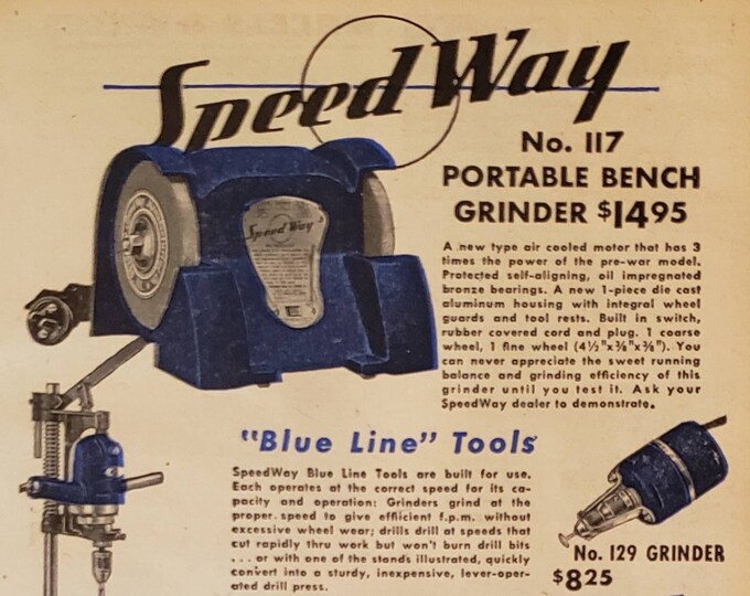 1947 SPEEDWAY Blue Line Power Tools Bench Grinder Drill Tool Vintage ...