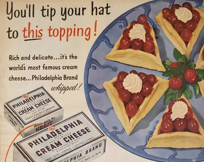 1951 Kraft PHILADELPHIA CREAM CHEESE Food Recipe Pastry Dessert Vintage ...