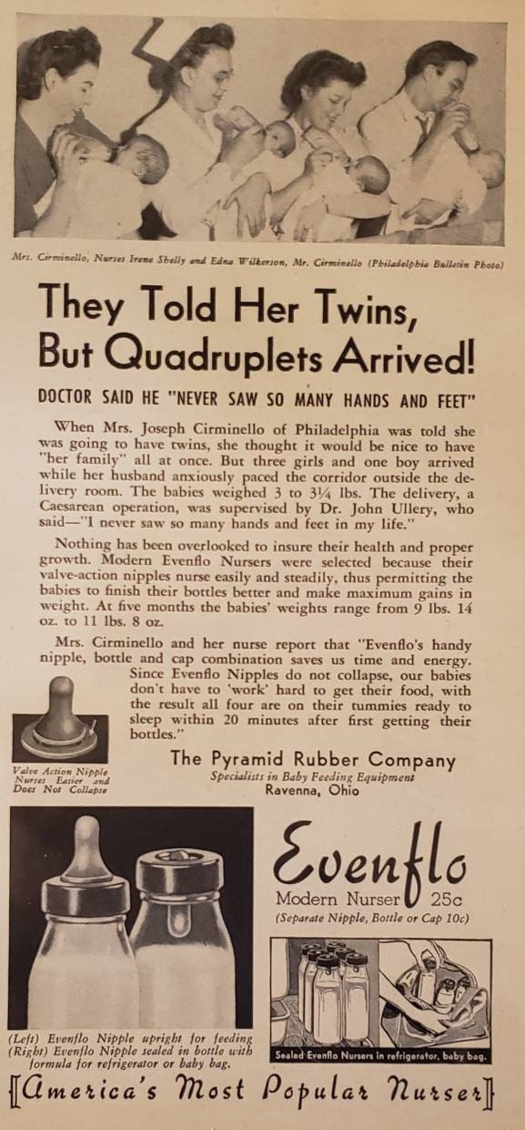 1945 EVENFLO NURSERS Baby Bottles Baby Care Feeding Cirminello ...