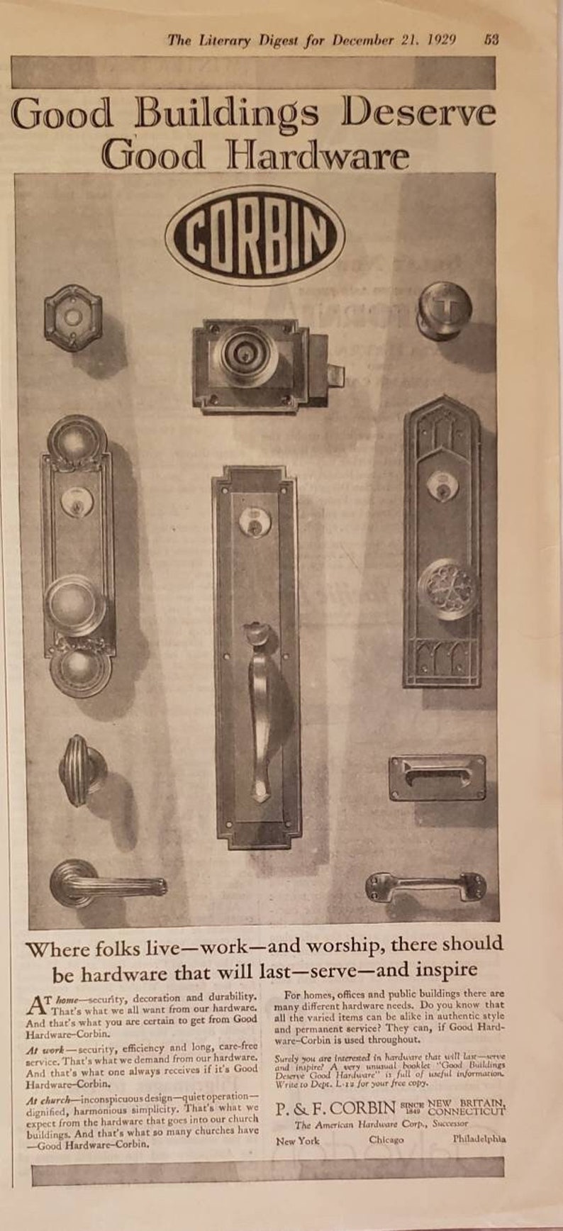 1929 P & F CORBIN Good Hardware Buildings Locks Doorknobs Handles Home ...