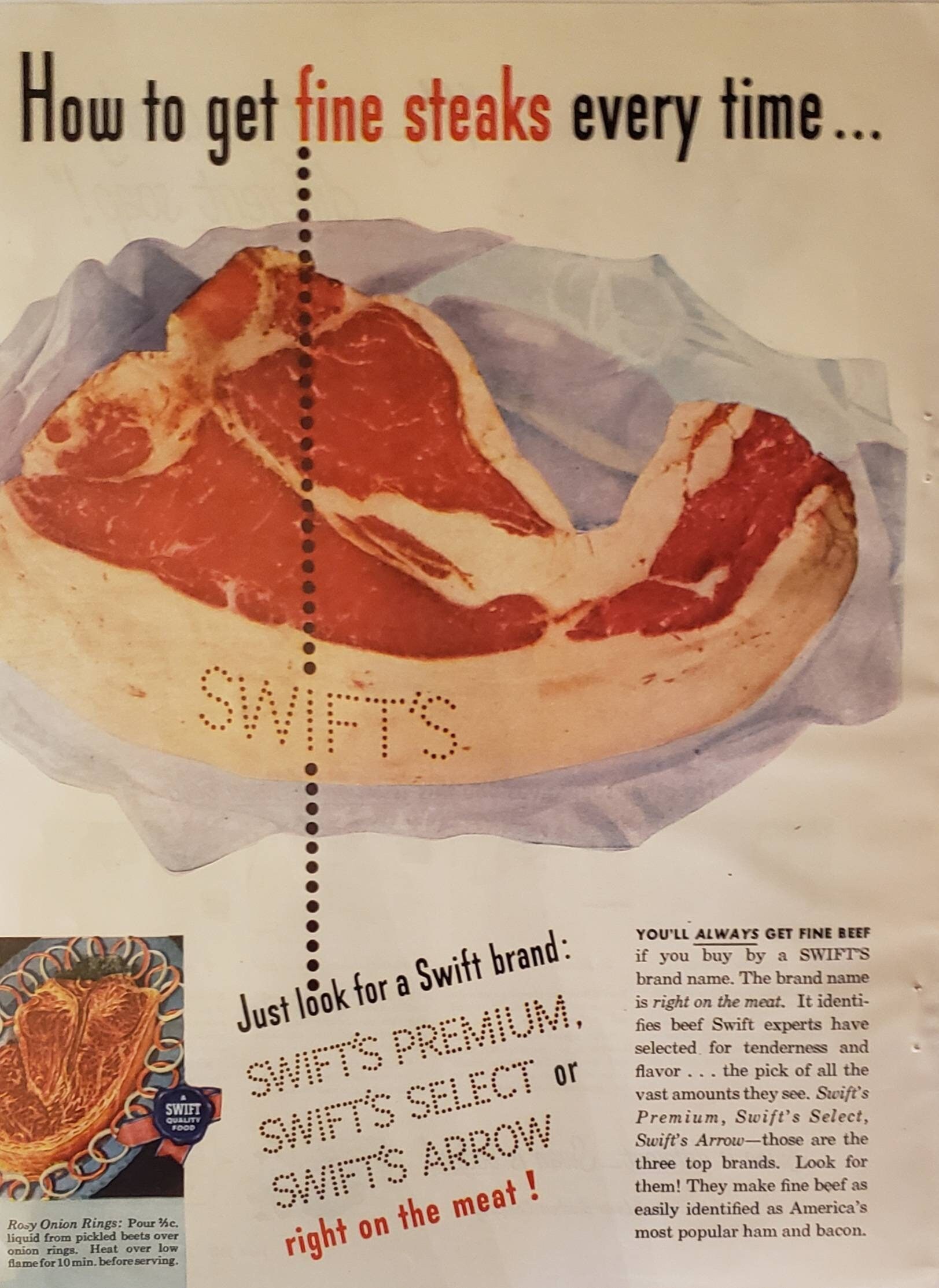 1947 SWIFT'S Steaks Beef Meat Onion Rings Food Vintage Print Ad - Etsy