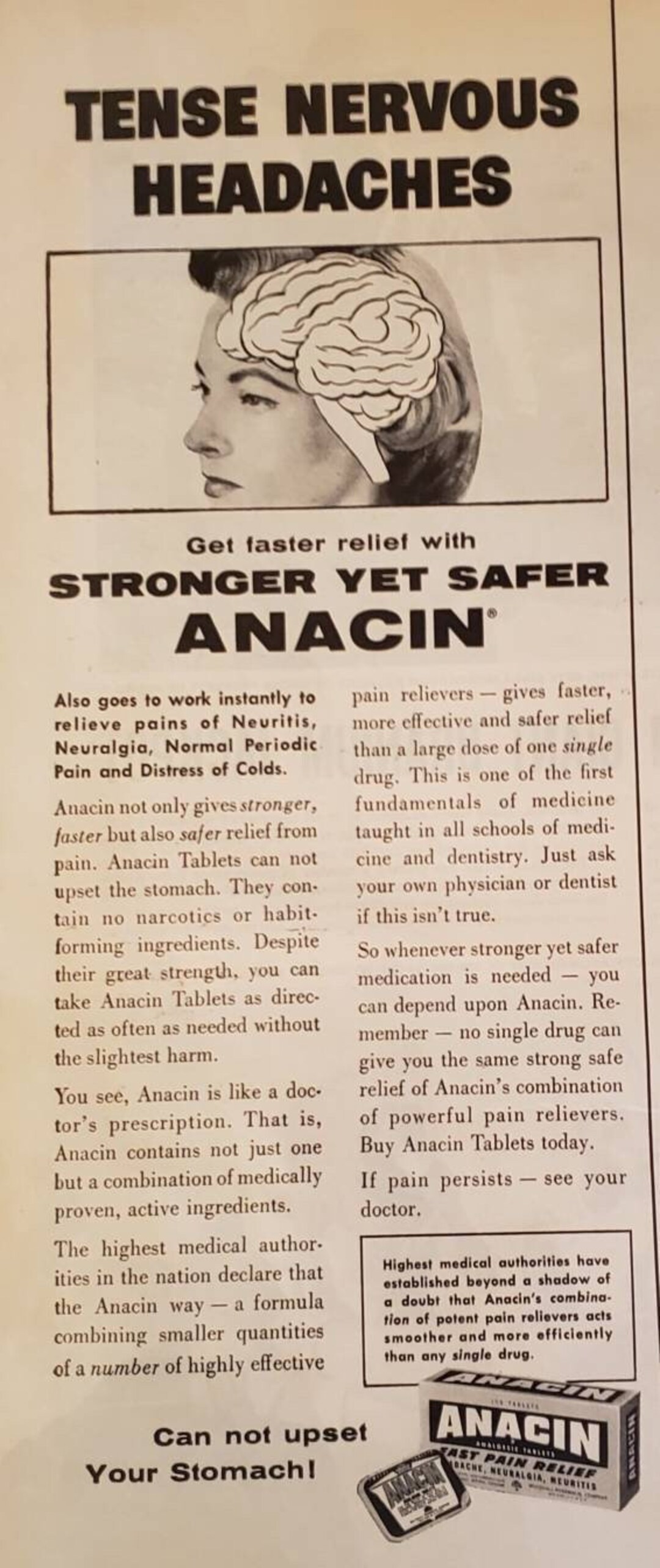 1956 ANACIN Tablets Medicine Tense Nervous Headaches Brain Health Pain ...