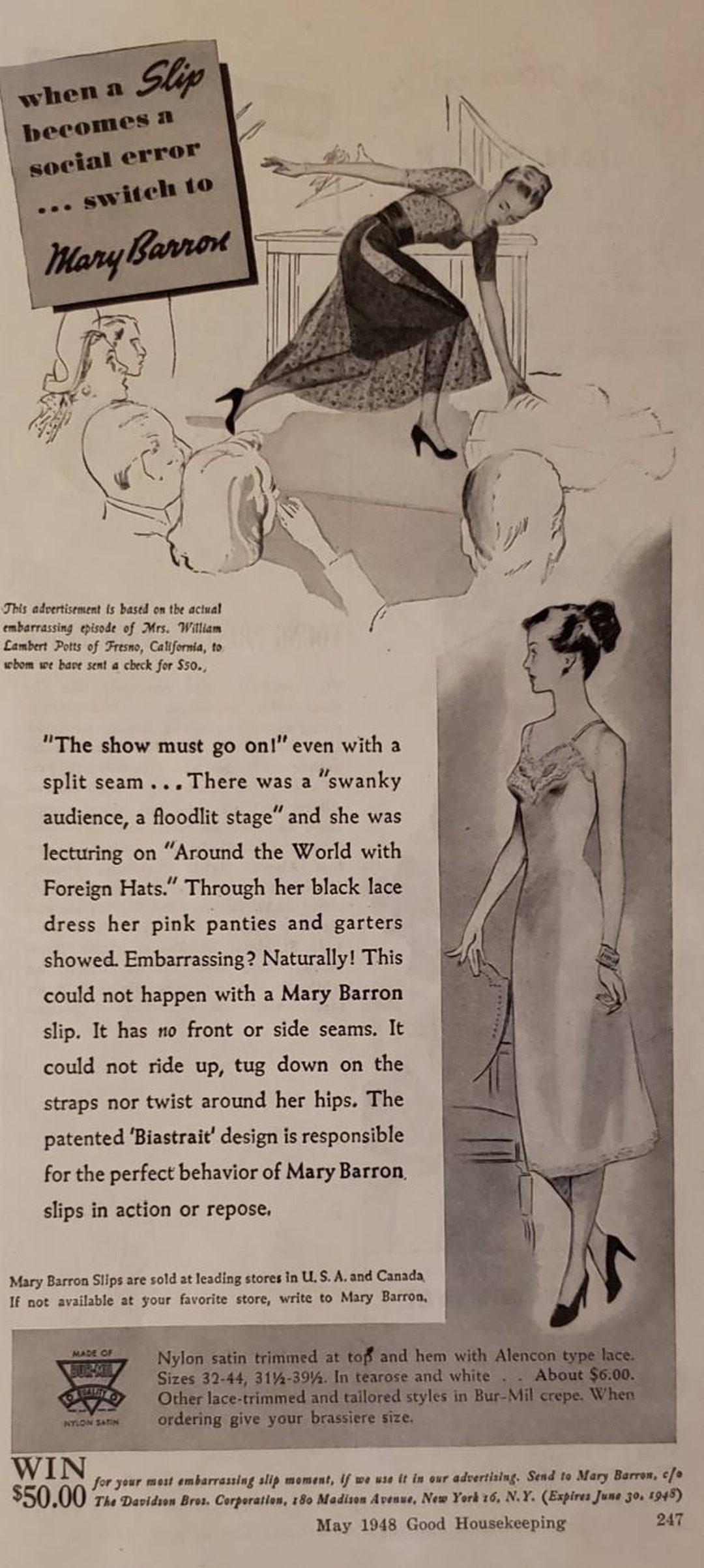 1948 MARY BARRON SLIPS Womens Figure Fashion Lingerie Vintage Print Ad ...