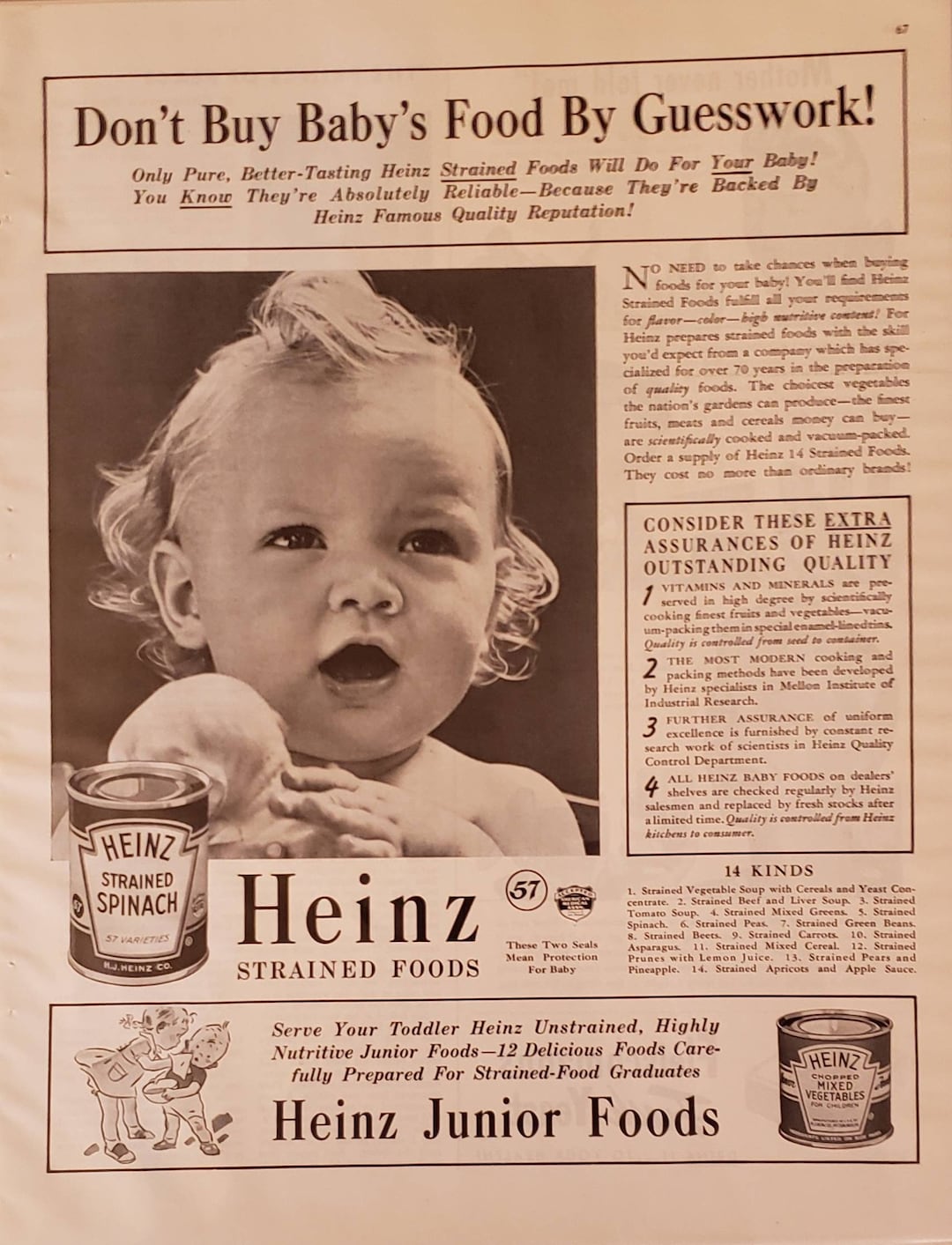 1940 HEINZ JUNIOR FOODS Strained Baby Food Toddler Health Nutrition ...