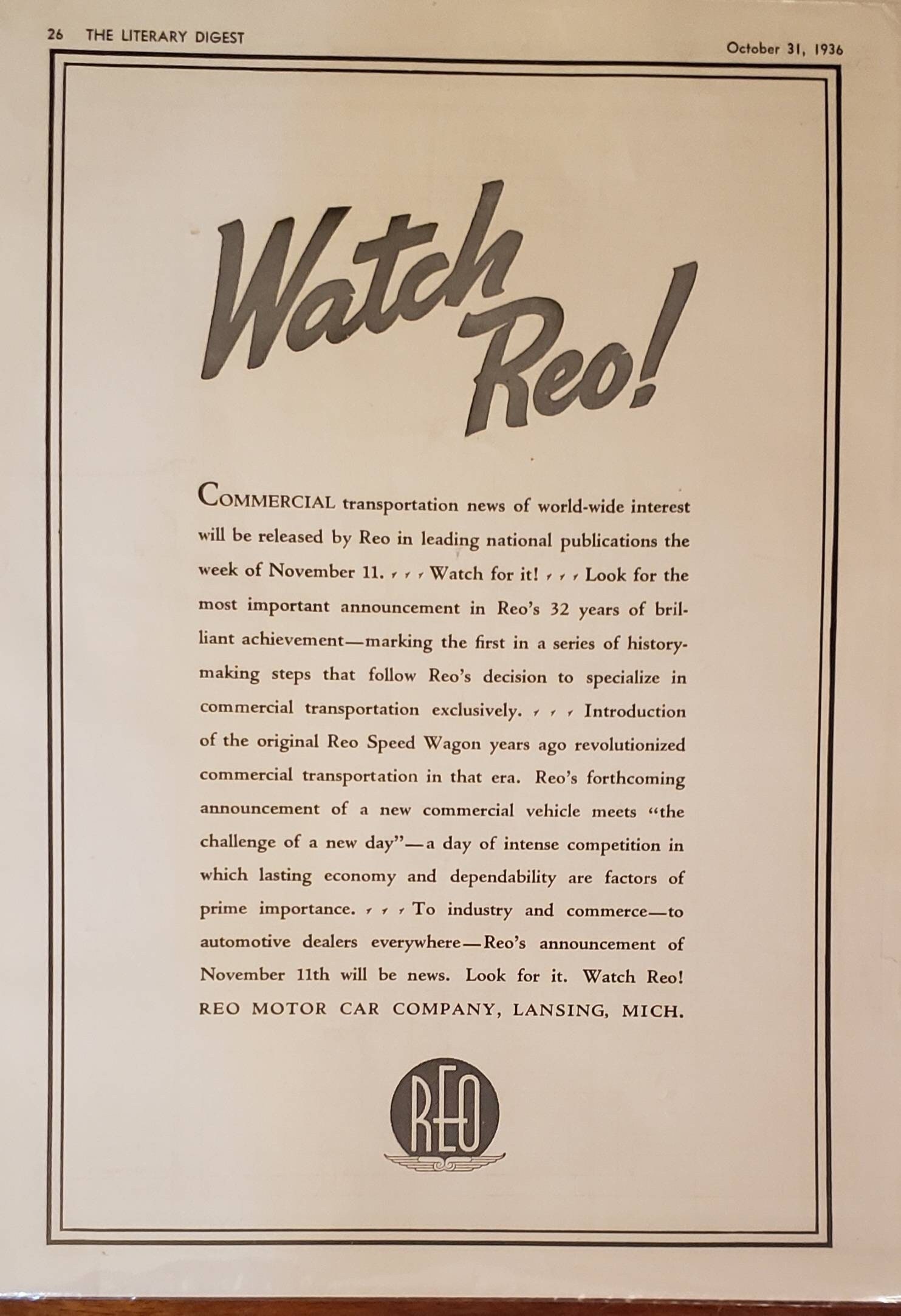 1936 REO MOTOR CAR Company Commercial Transportation Vehicle - Etsy