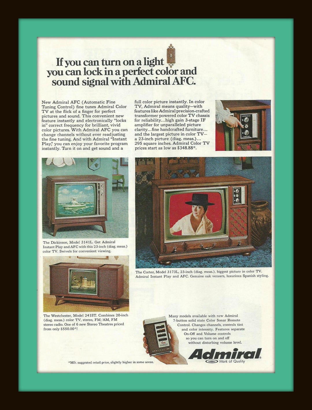 1968 Admiral Color TV - Vintage Ad - Admiral AFC - Remote Control - TV ...