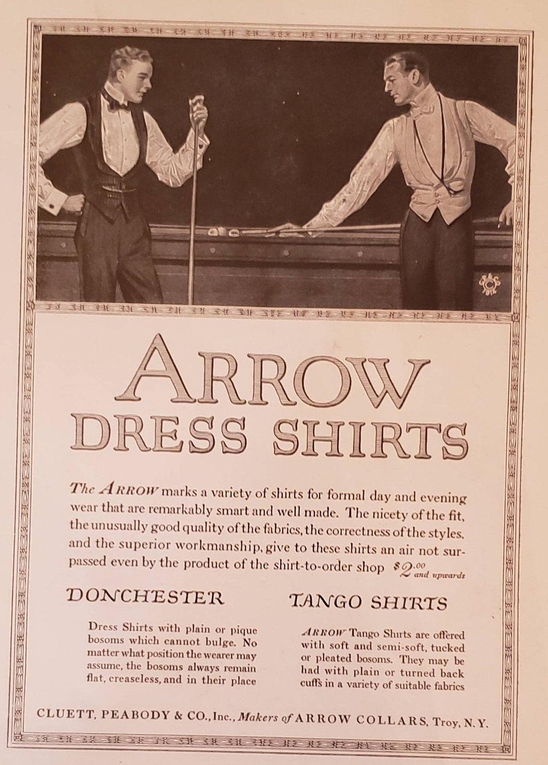 1914 ARROW DRESS SHIRTS Mens Clothing Fashion Billiards Pool Table ...