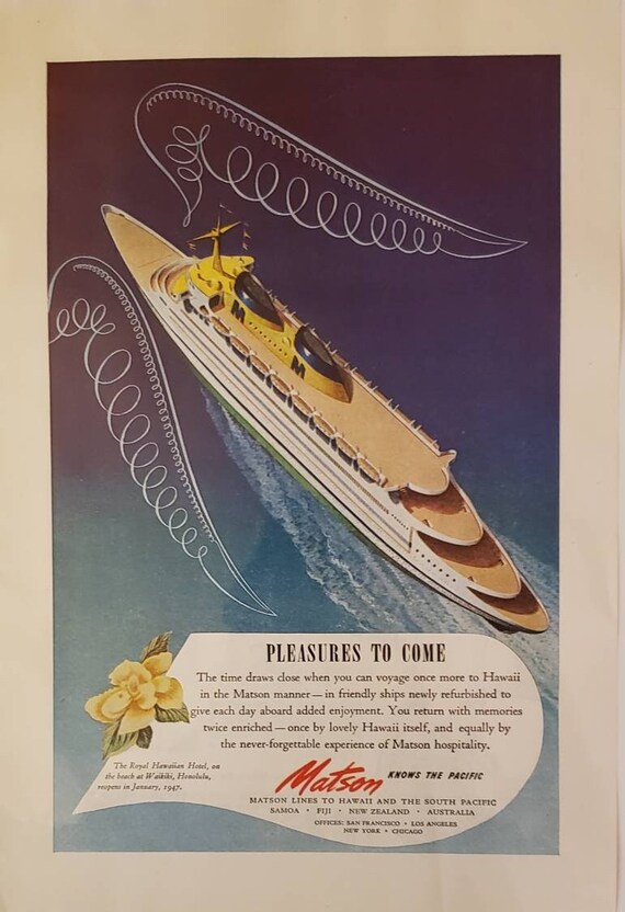 1946 MATSON LINES Hawaii Cruise Ship Travel Vintage Print Ad - Etsy