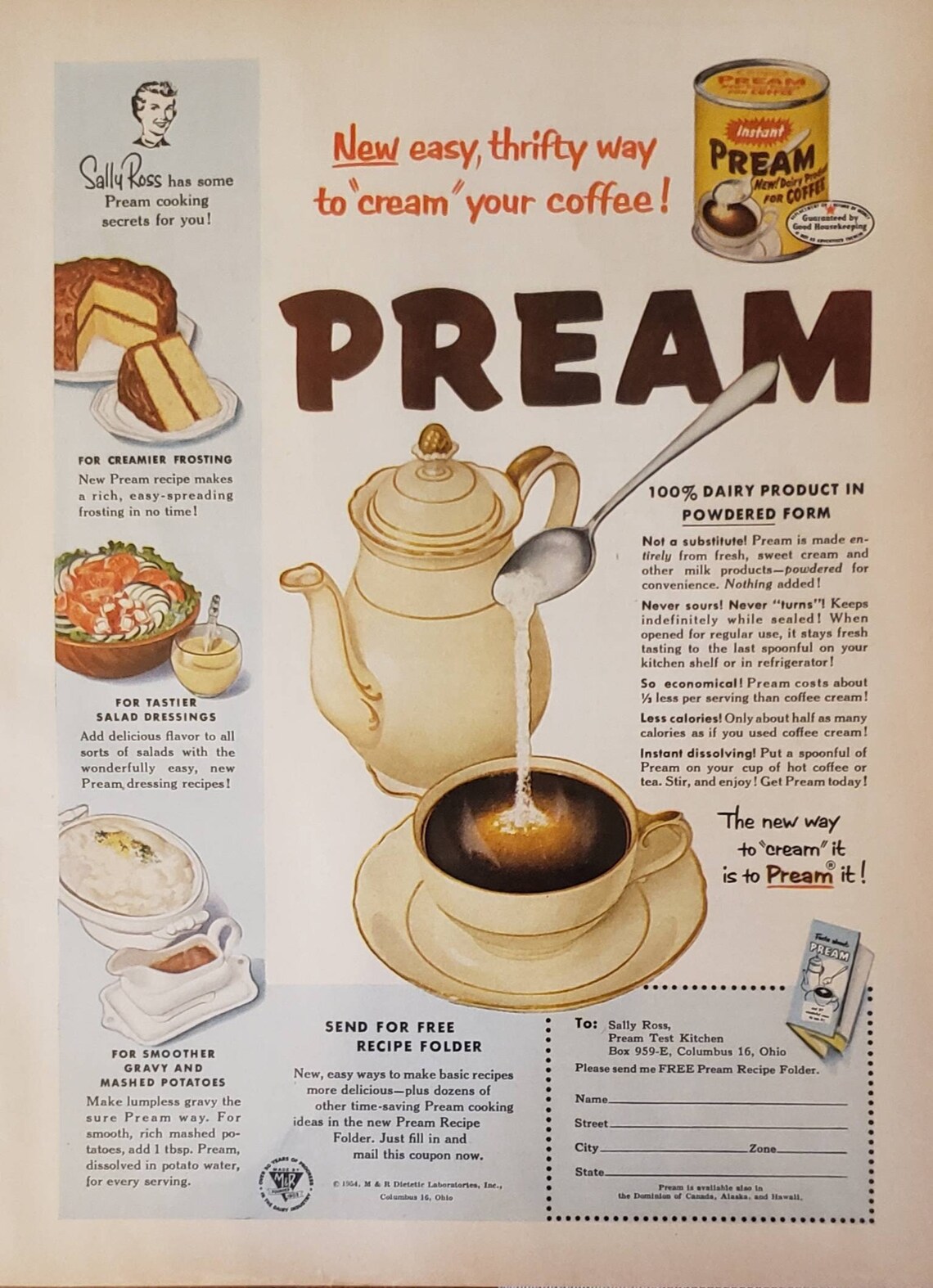1954 PREAM Powdered Creamer Coffee Food Vintage Print Ad - Etsy