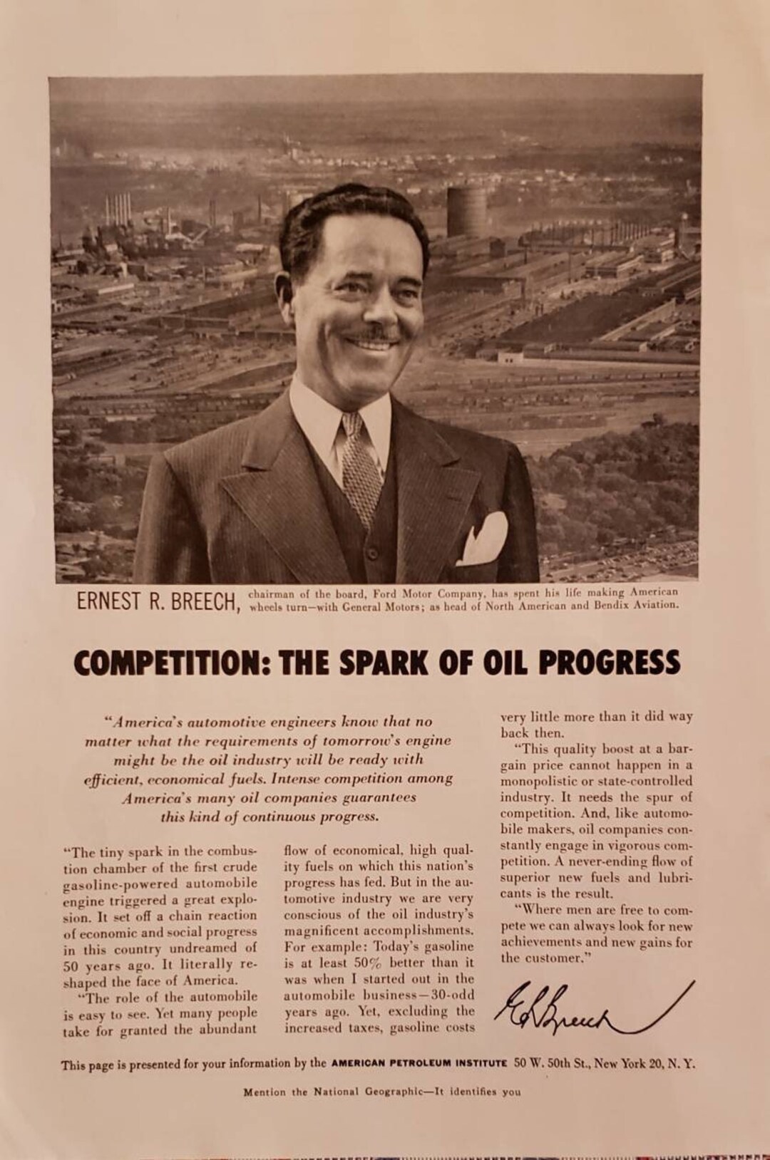 1956 AMERICAN PETROLEUM INSTITUTE Oil Progress Gasoline Ernest R Breech ...