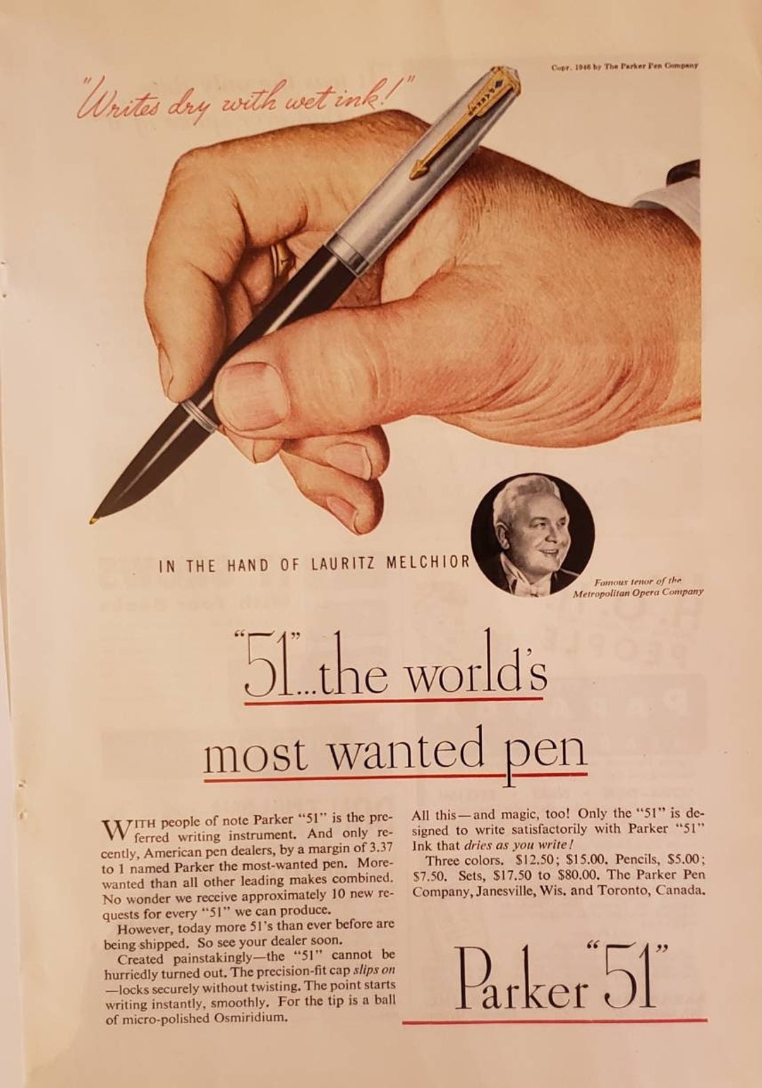 1946 PARKER 51 PEN Writing Instrument Lauritz Melchior Tenor Opera ...