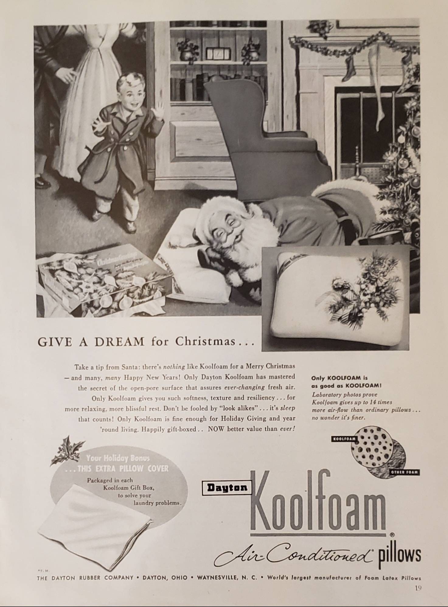 1954 DAYTON RUBBER COMPANY Koolfoam Air Conditioned Pillows Christmas ...