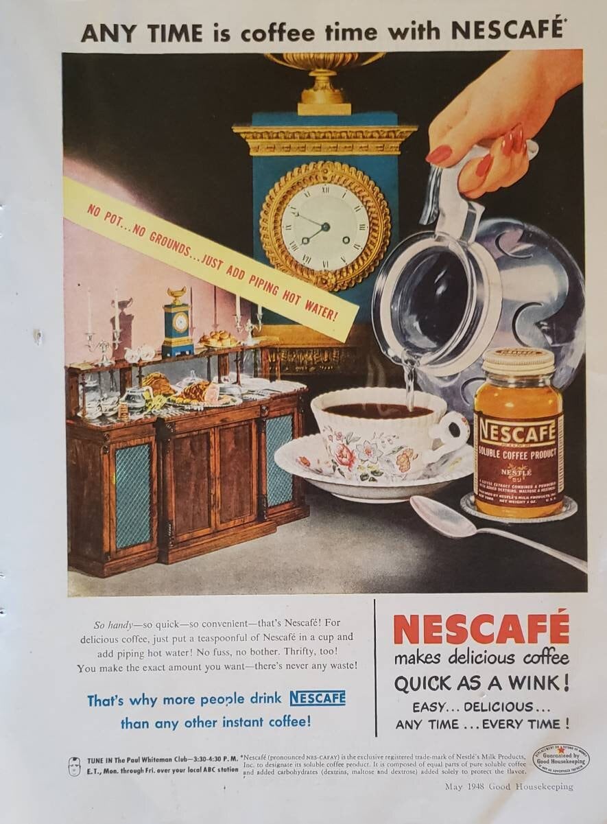1948 NESCAFE Instant Coffee Any Time Beverage Vintage Print Ad - Etsy