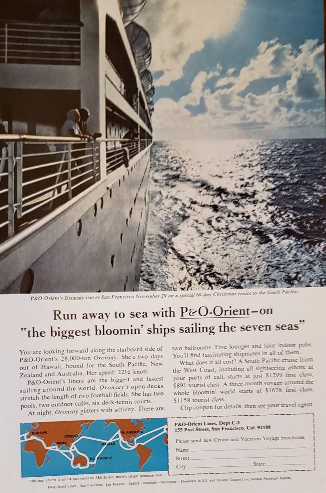 1965 P&O Orient Lines Cruise Ship Liner Oronsay South Pacific Travel ...