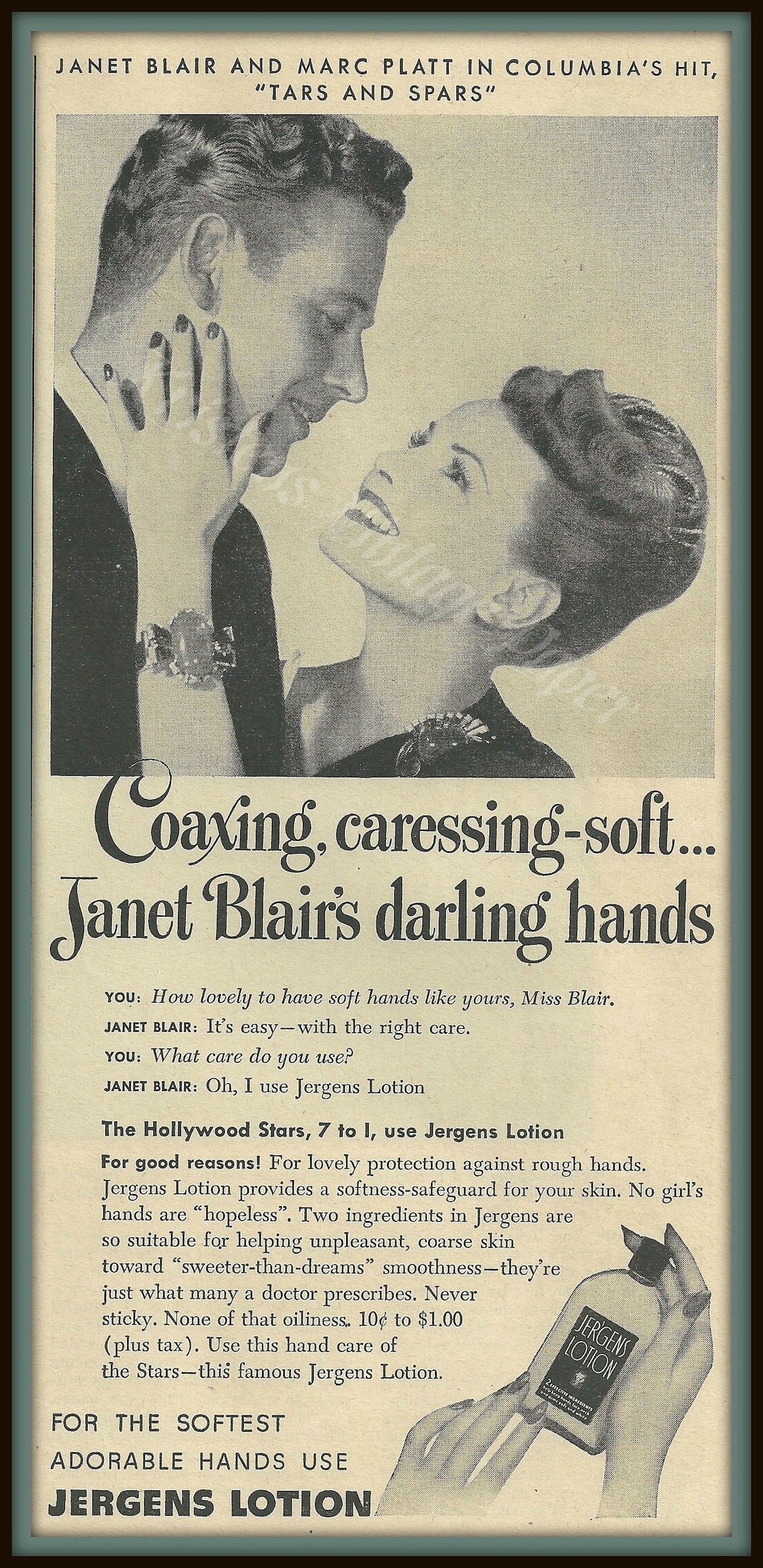 1945 Vintage Ad - Jergens - Lotion - Hands - Beauty - Janet Blair ...