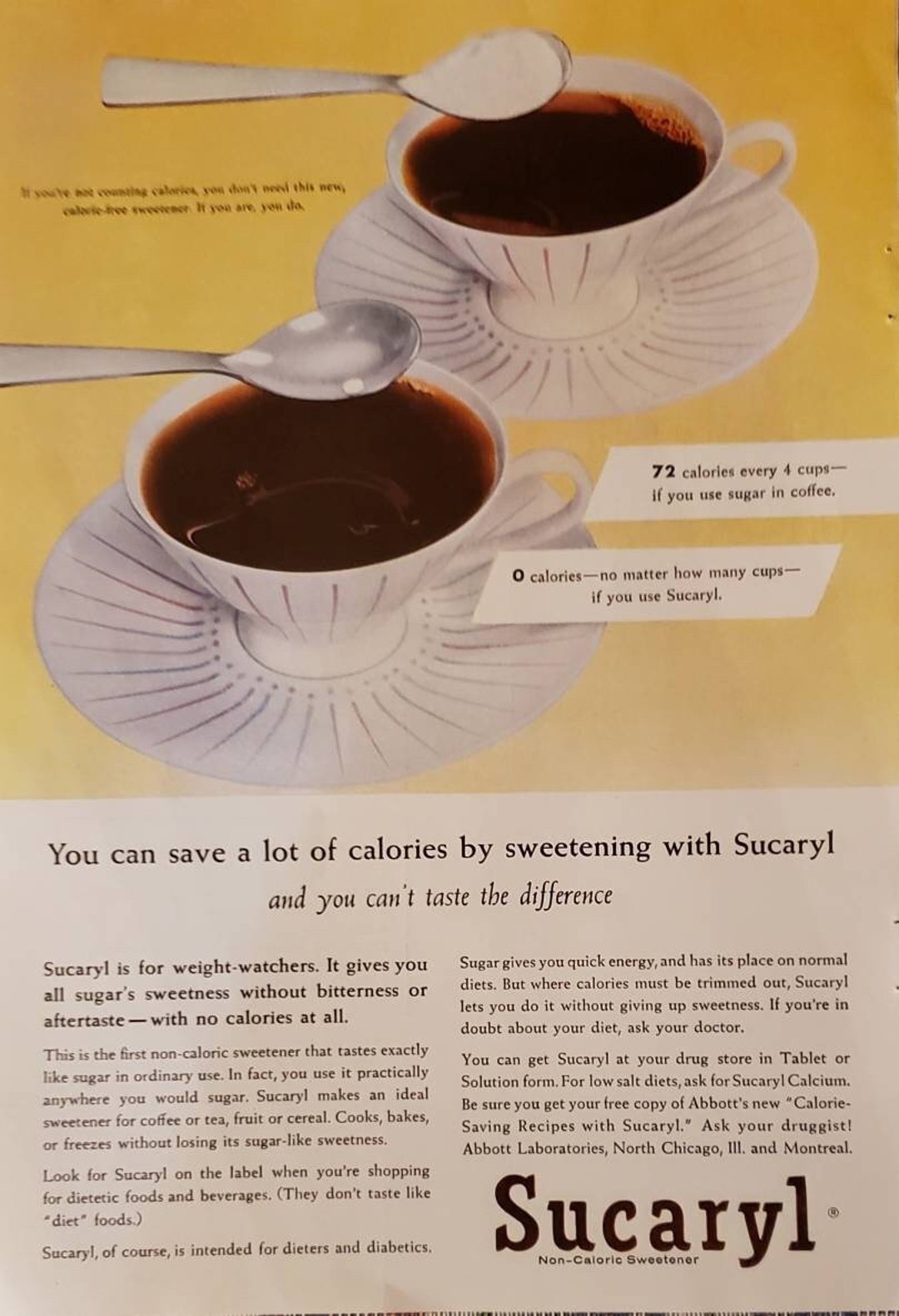 1956 SUCARYL Non-caloric Sweetener Abbott Laboratories Coffee Drink ...