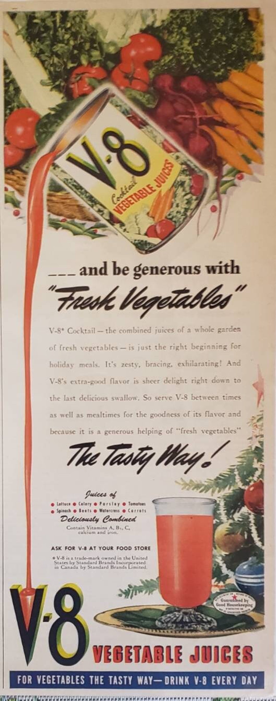 1944 V-8 Vegetable Juices Juice Drink Beverage Fresh Vegetables Vintage ...