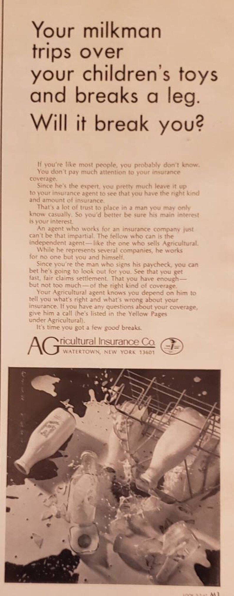 1967 AGRICULTURAL INSURANCE COMPANY Milkman Spilled Milk Vintage Print ...