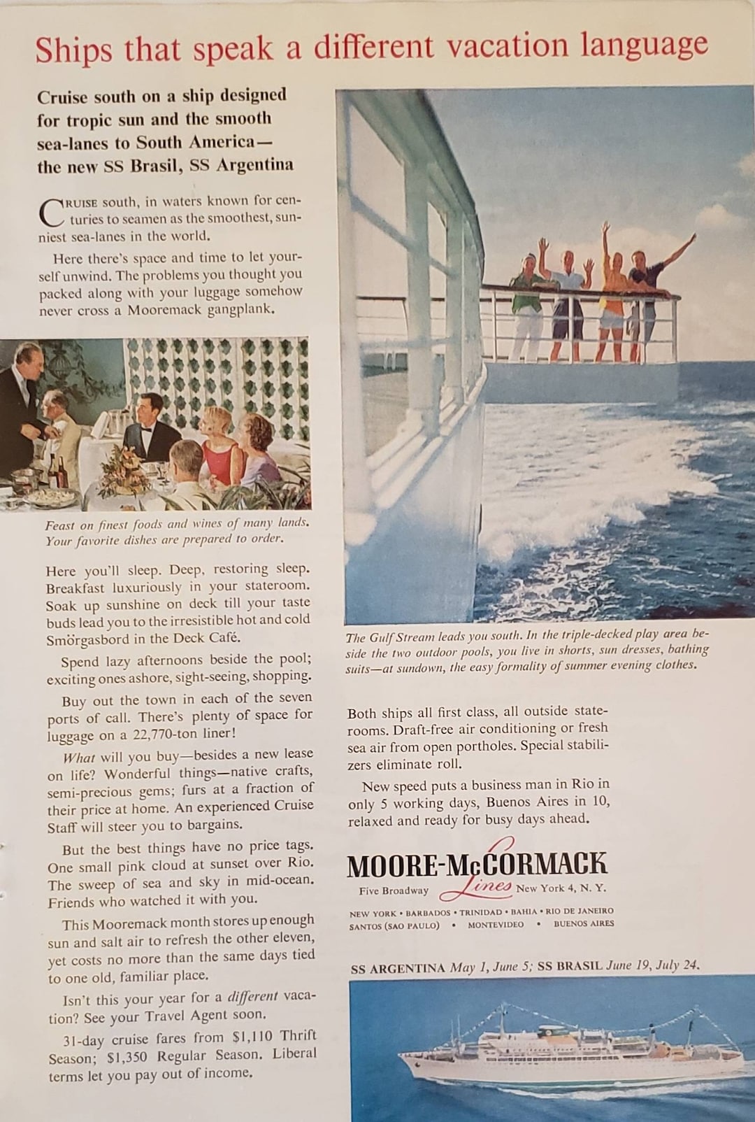 1959 MOORE MCCORMACK LINES Cruise Ship South America Brasil Argentina ...
