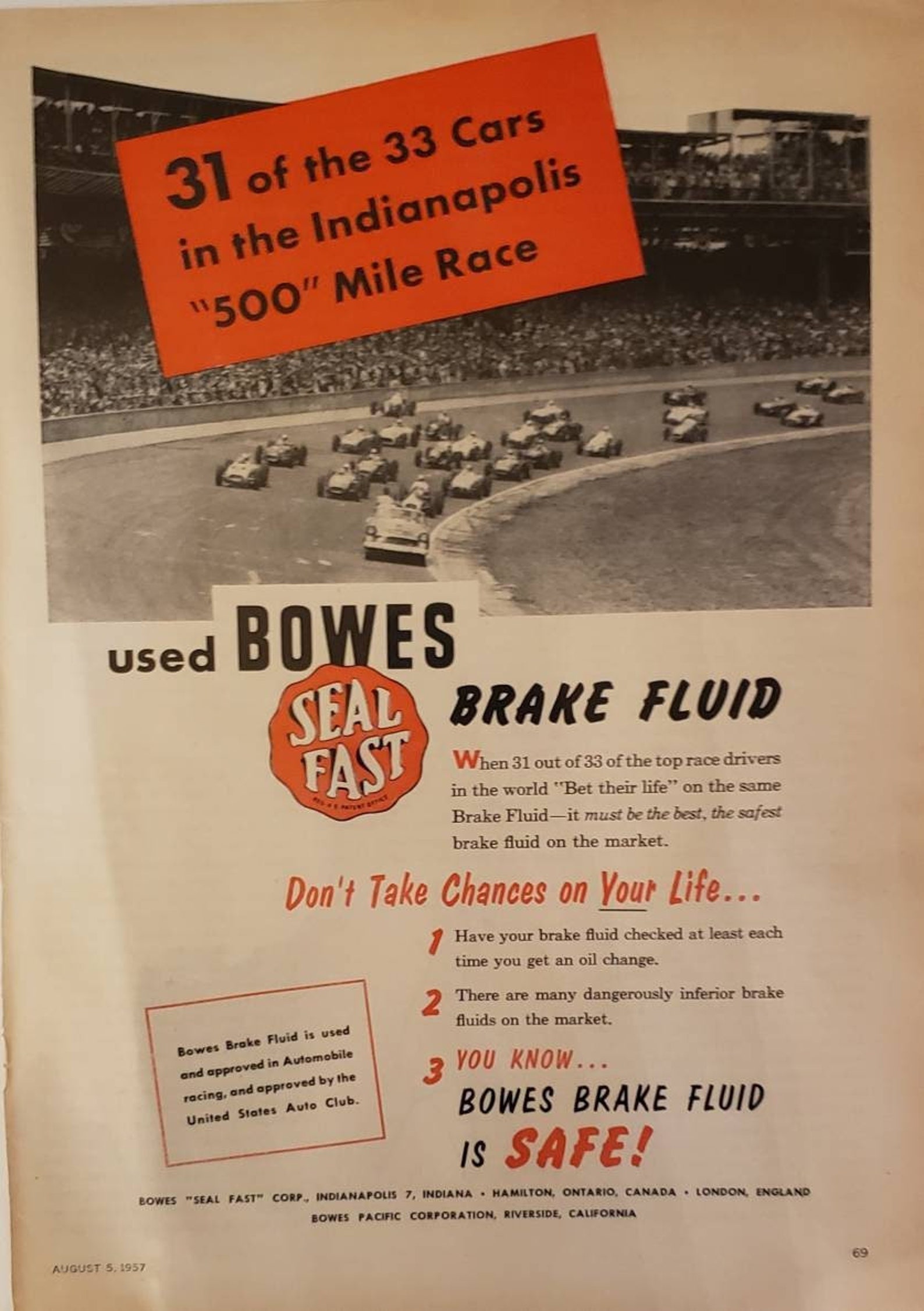 1957 BOWES BRAKE FLUID Seal Fast Race Car Drivers Indianapolis - Etsy