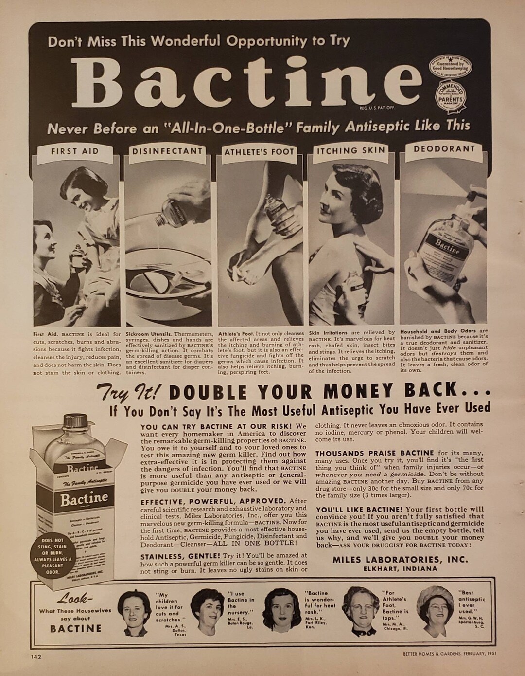 1951 BACTINE ANTISEPTIC Uses First Aid Health Disinfectant Deodorant ...