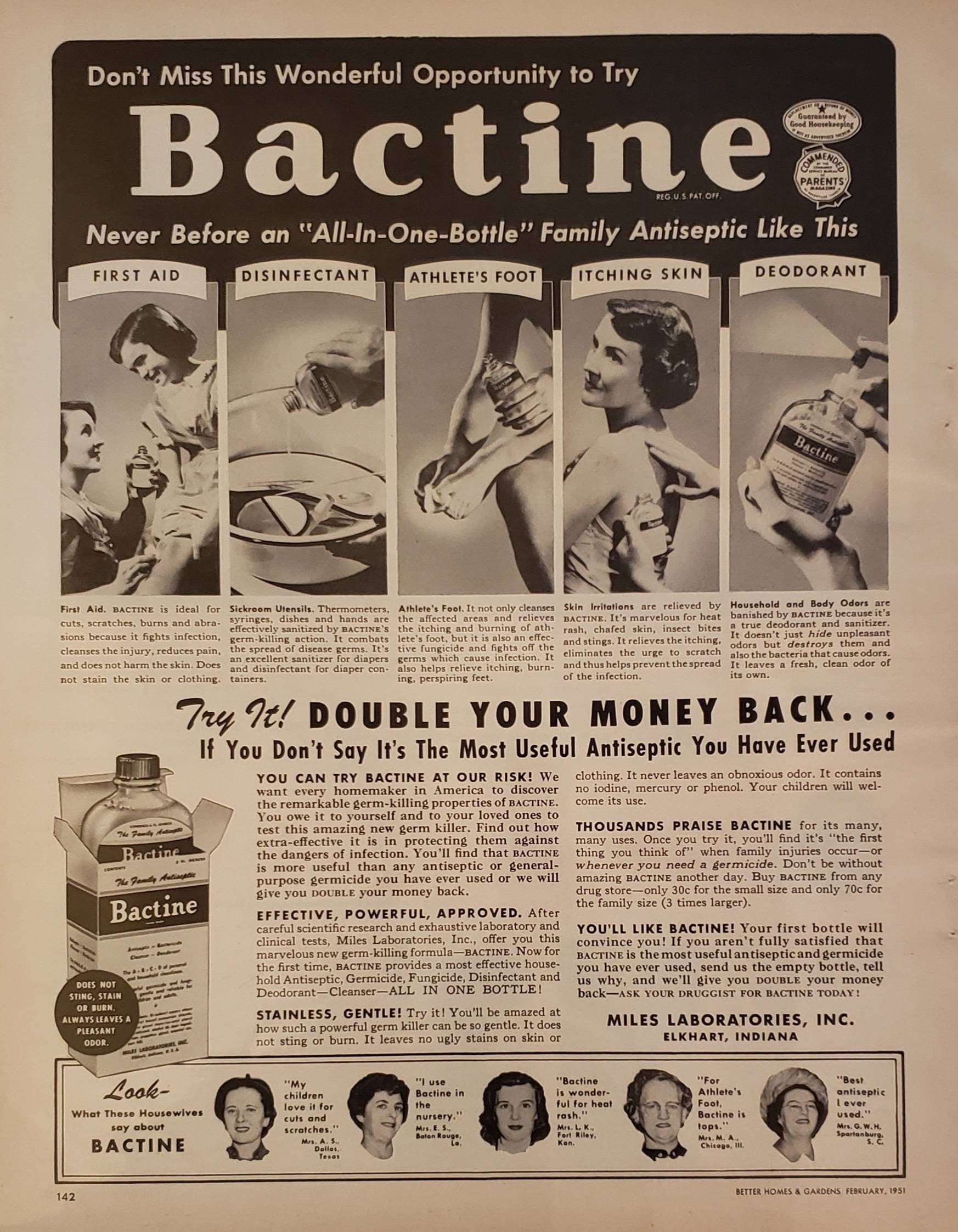 1951 BACTINE ANTISEPTIC Uses First Aid Health Disinfectant Deodorant ...