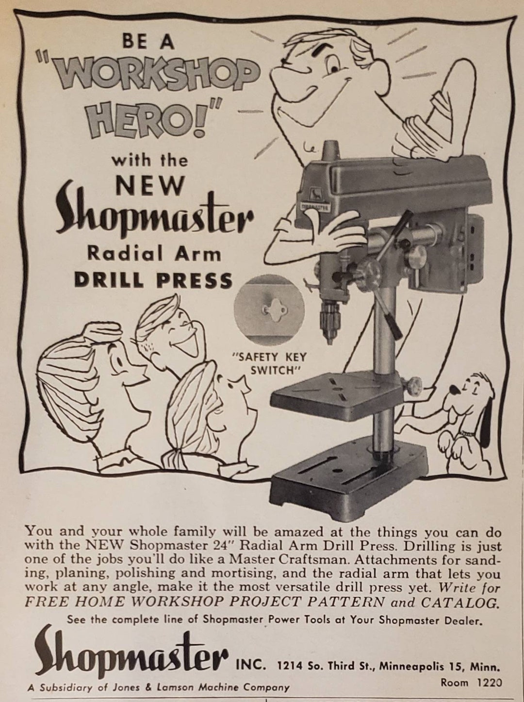 1956 SHOPMASTER Radial Arm Drill Press Tool Workshop Hero Vintage Print ...