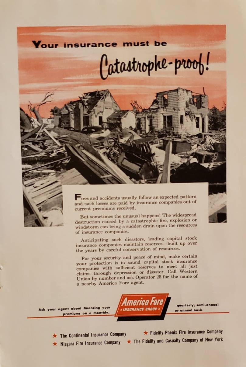 1956 AMERICA FORE Insurance Group Disaster Catastrophe Proof Coverage ...