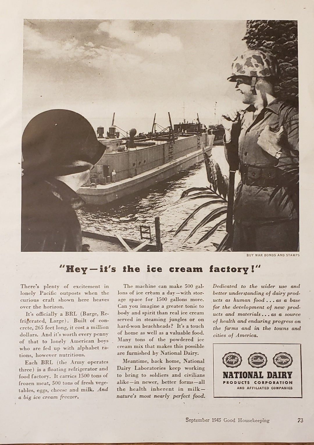 1945 NATIONAL DAIRY PRODUCTS Ice Cream Factory Barge Soldiers World War ...