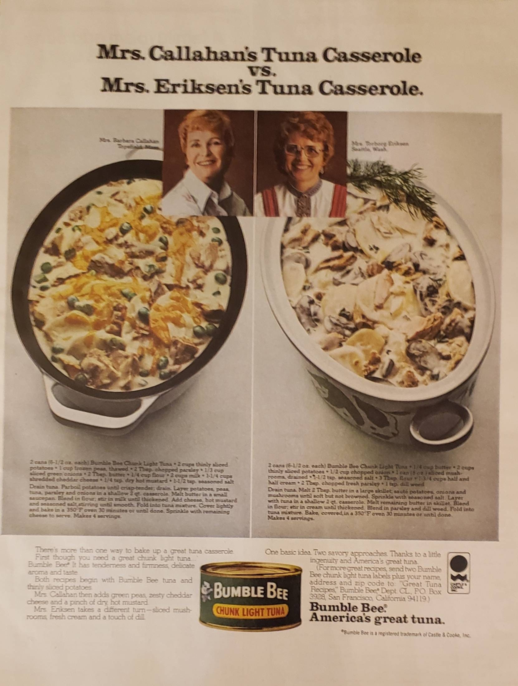 1976 BUMBLE BEE Tuna Casserole Mrs Callahan Mrs Eriksen Food - Etsy