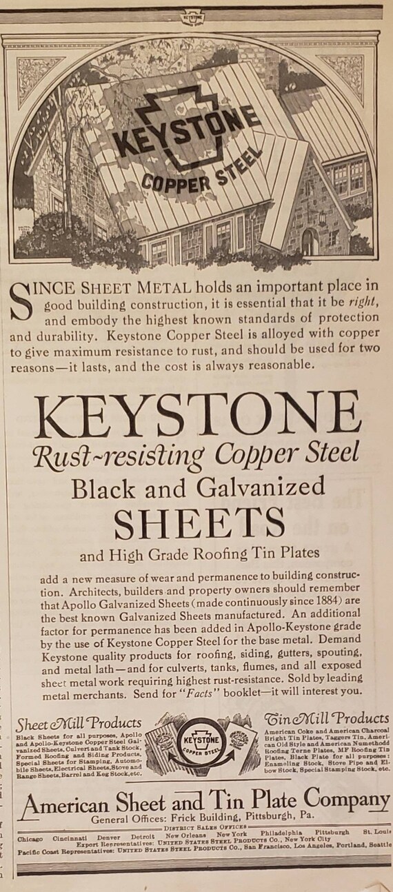1926 KEYSTONE Copper Steel Black Galvanized Sheets Roofing Tin - Etsy