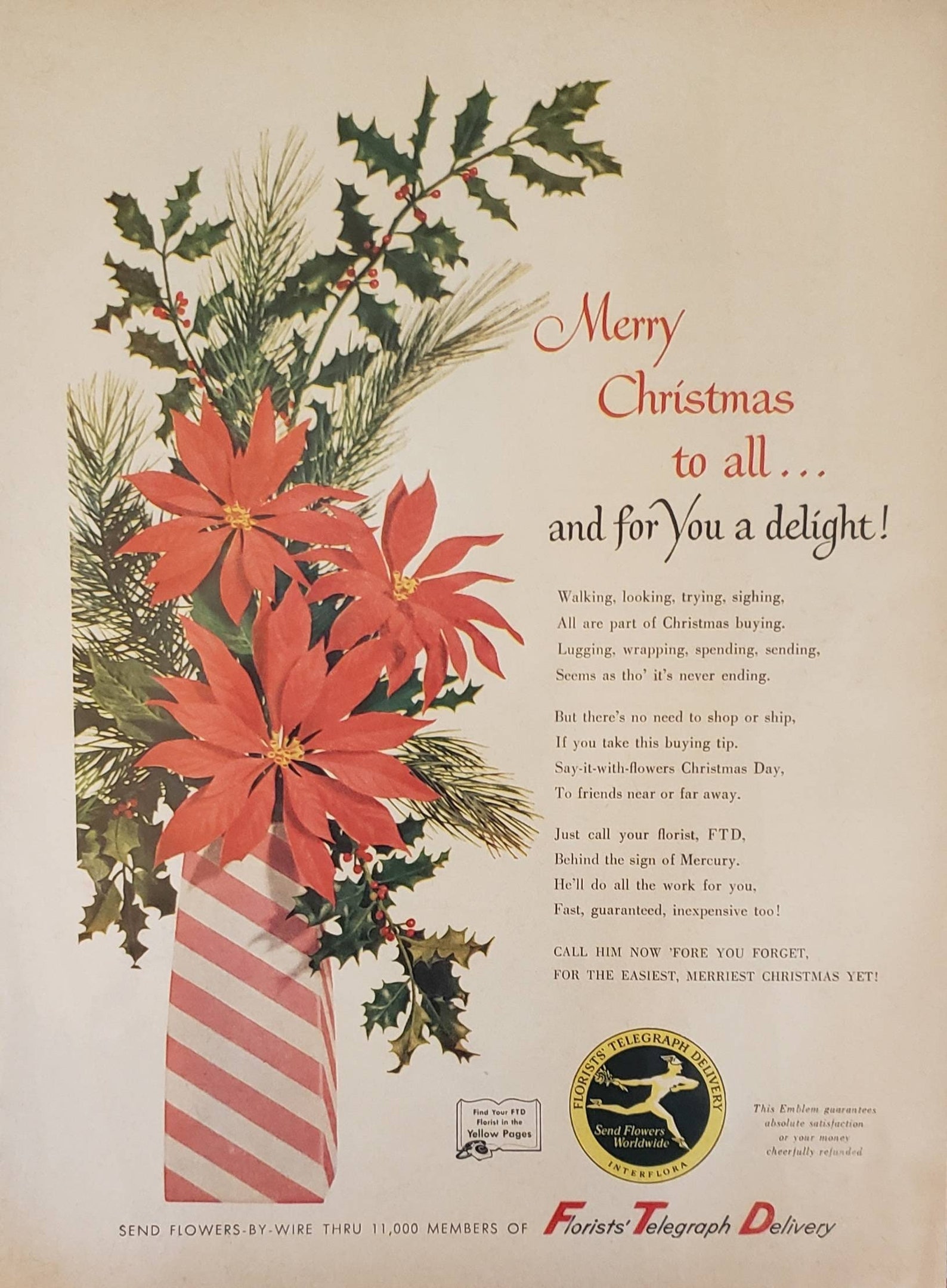 1957 FTD Florists Telegraph Delivery Christmas Flowers Poinsettia ...