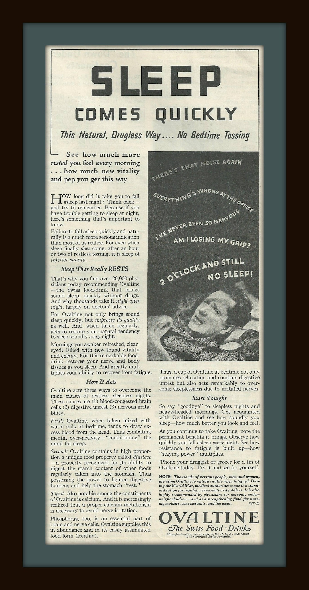 1932 OVALTINE Vintage Ad Sleep Insomnia Insomniac Sleeplessness ...