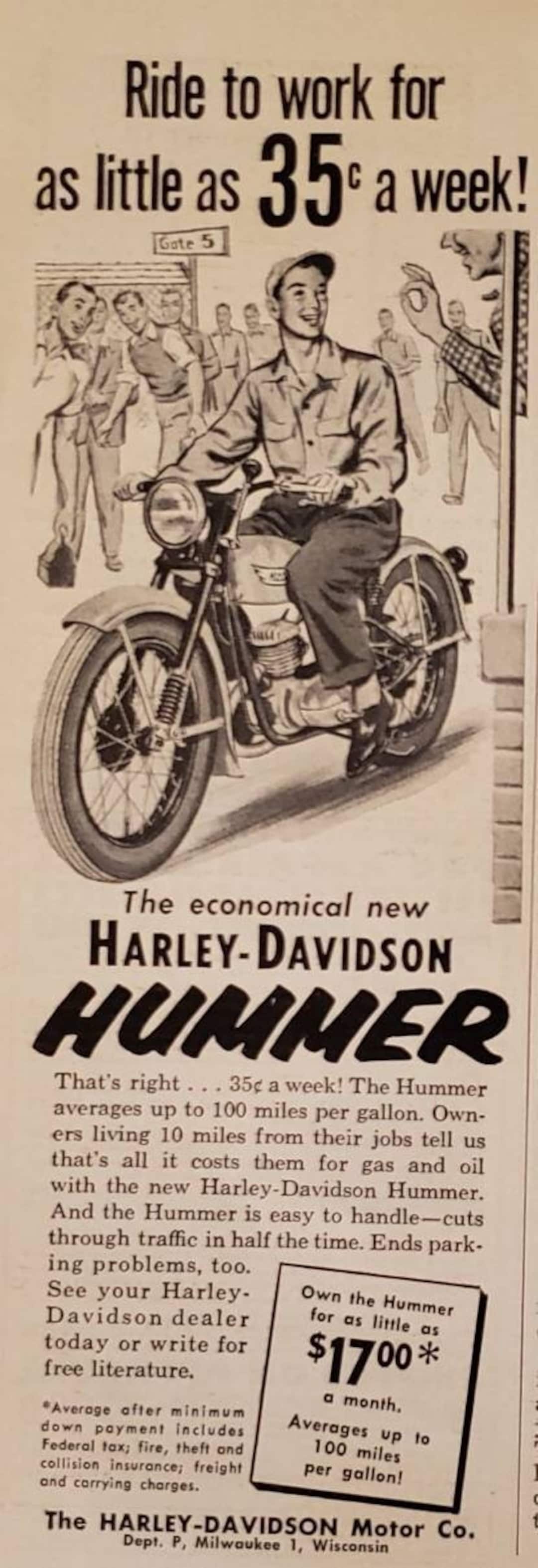 1955 HARLEY DAVIDSON Hummer Motorcycle Vintage Print Ad - Etsy