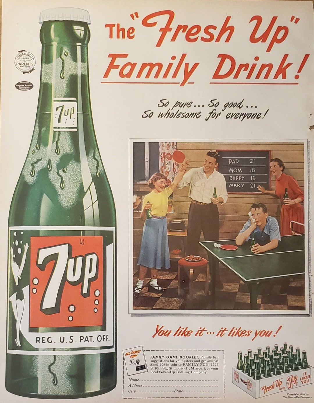1951 7-up SEVEN UP Soda Beverage Bottle Drink Family Ping Pong Table ...