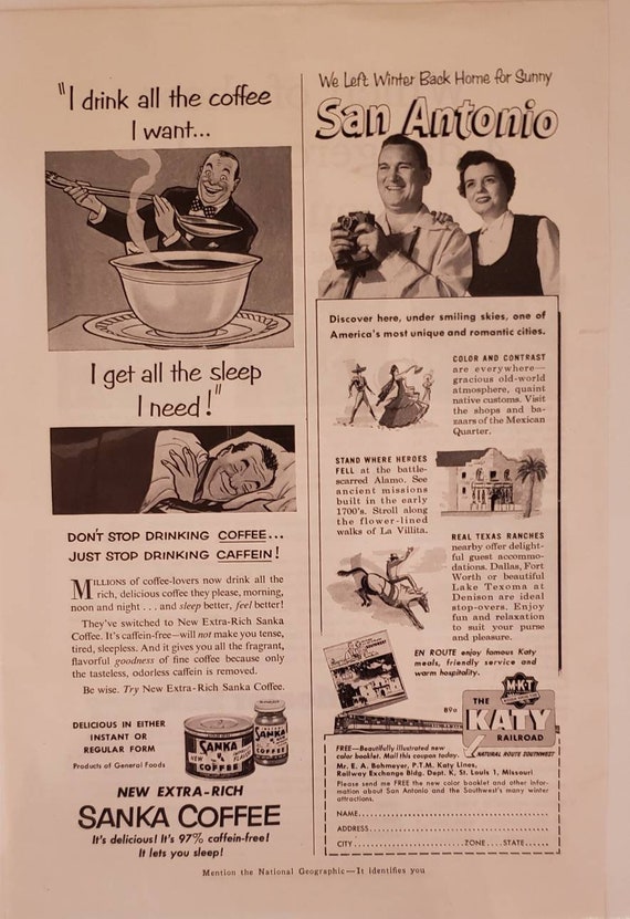 1949 SANKA Coffee SAN ANTONIO Texas Travel Vintage Print Ad | Etsy