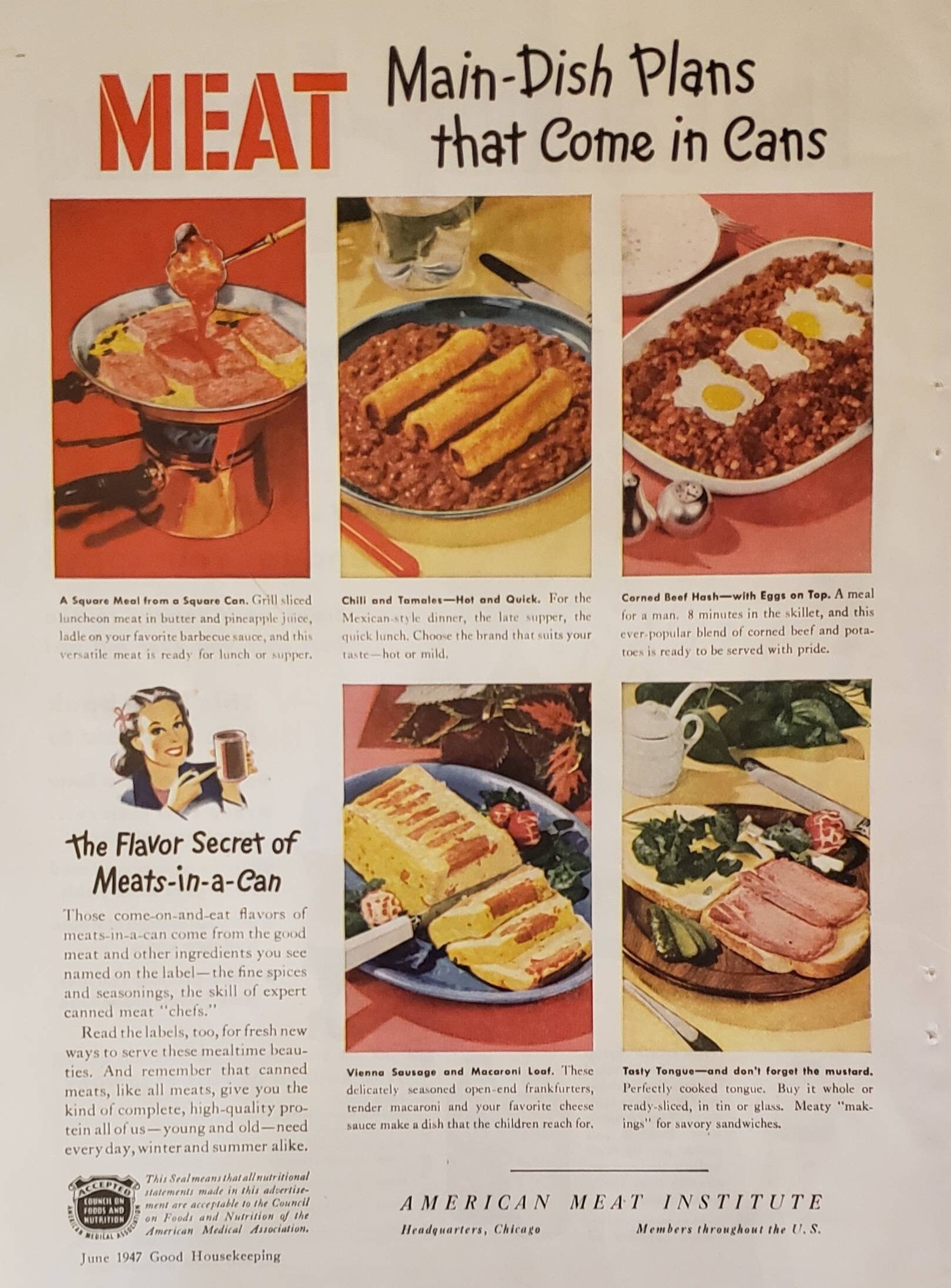 1947 AMERICAN MEAT INSTITUTE Meats-in-a-can Main Dish Plans Food ...