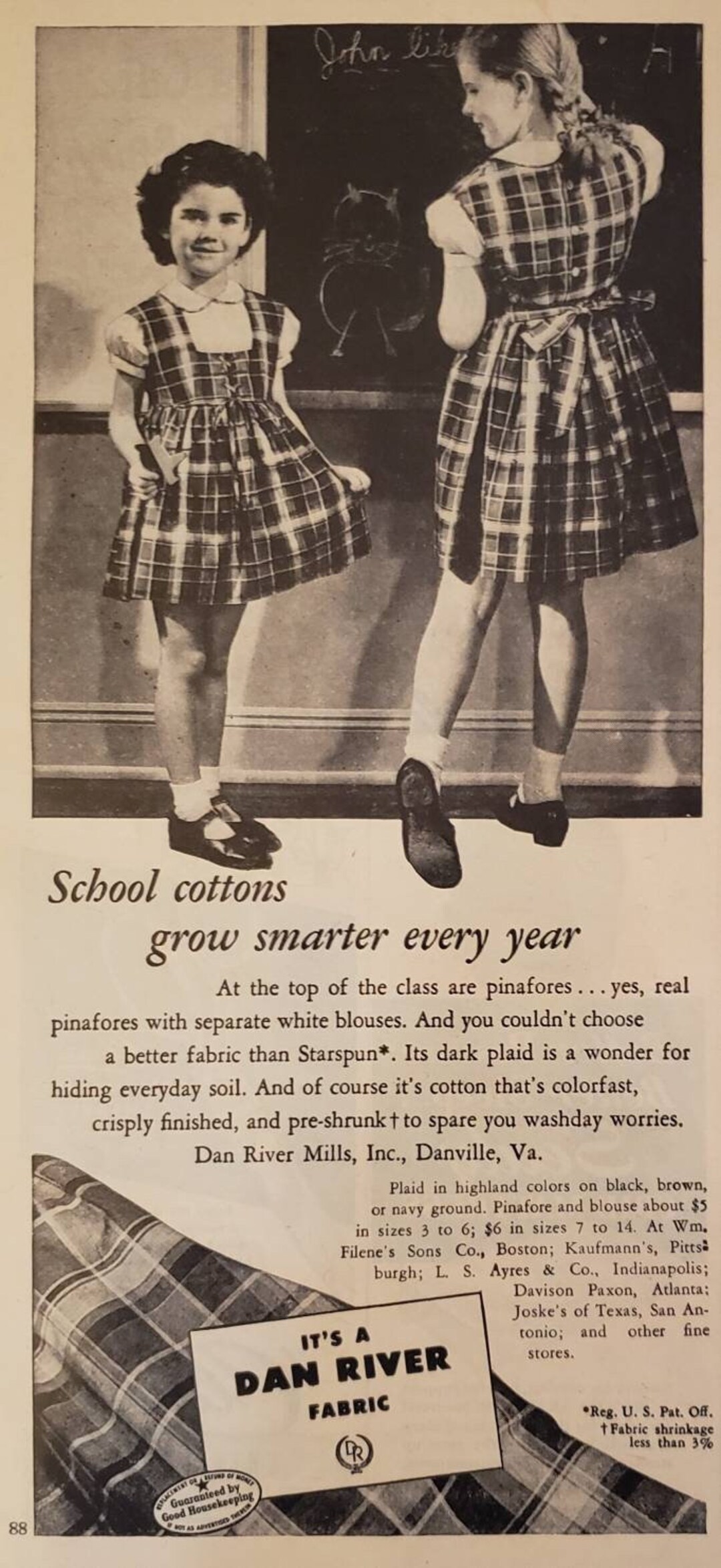 1947 DAN RIVER MILLS Starspun School Cotton Plaid Fabric Kids Children ...