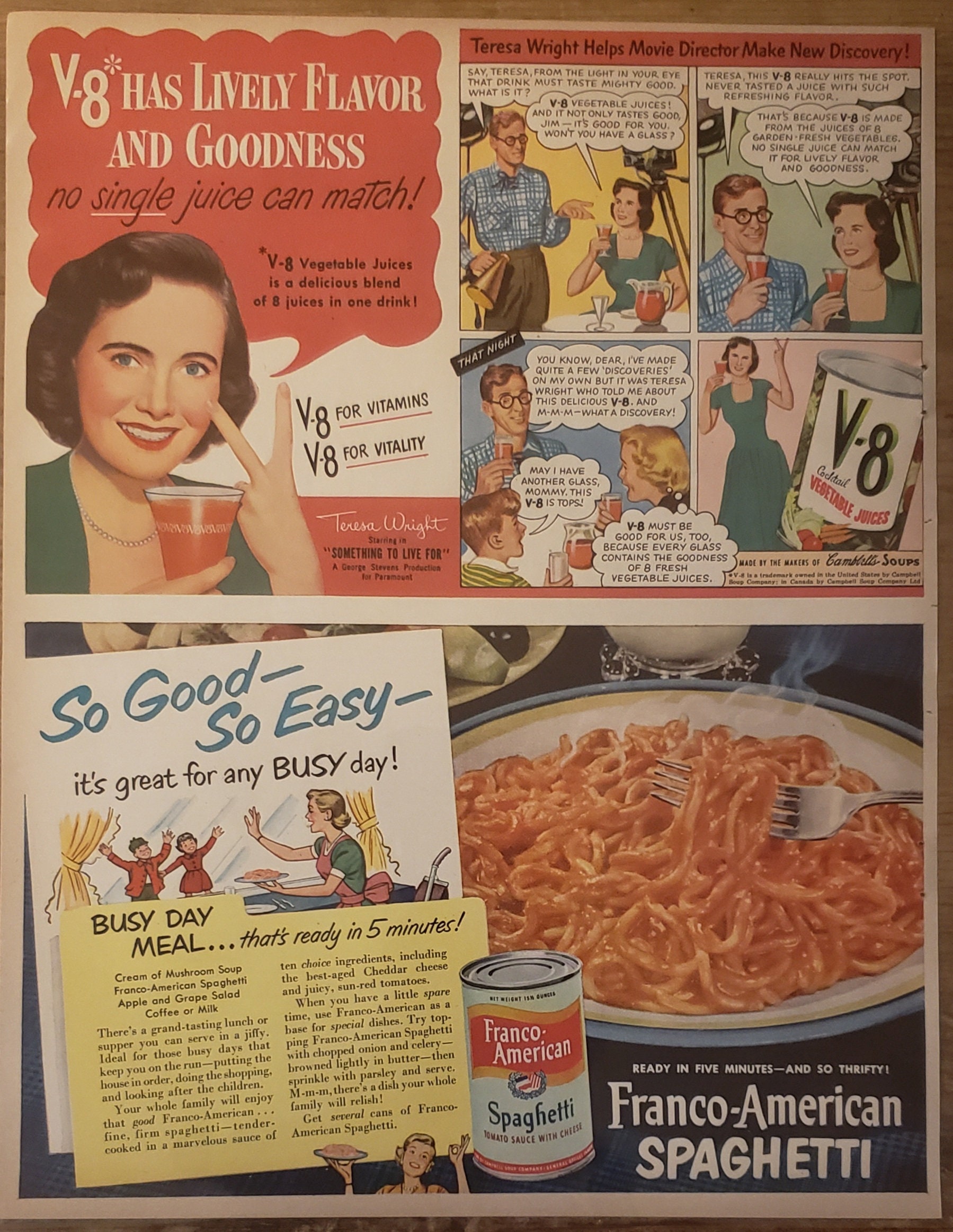 1951 V-8 Vegetable Juice Drink Beverage Teresa Wright Franco American ...