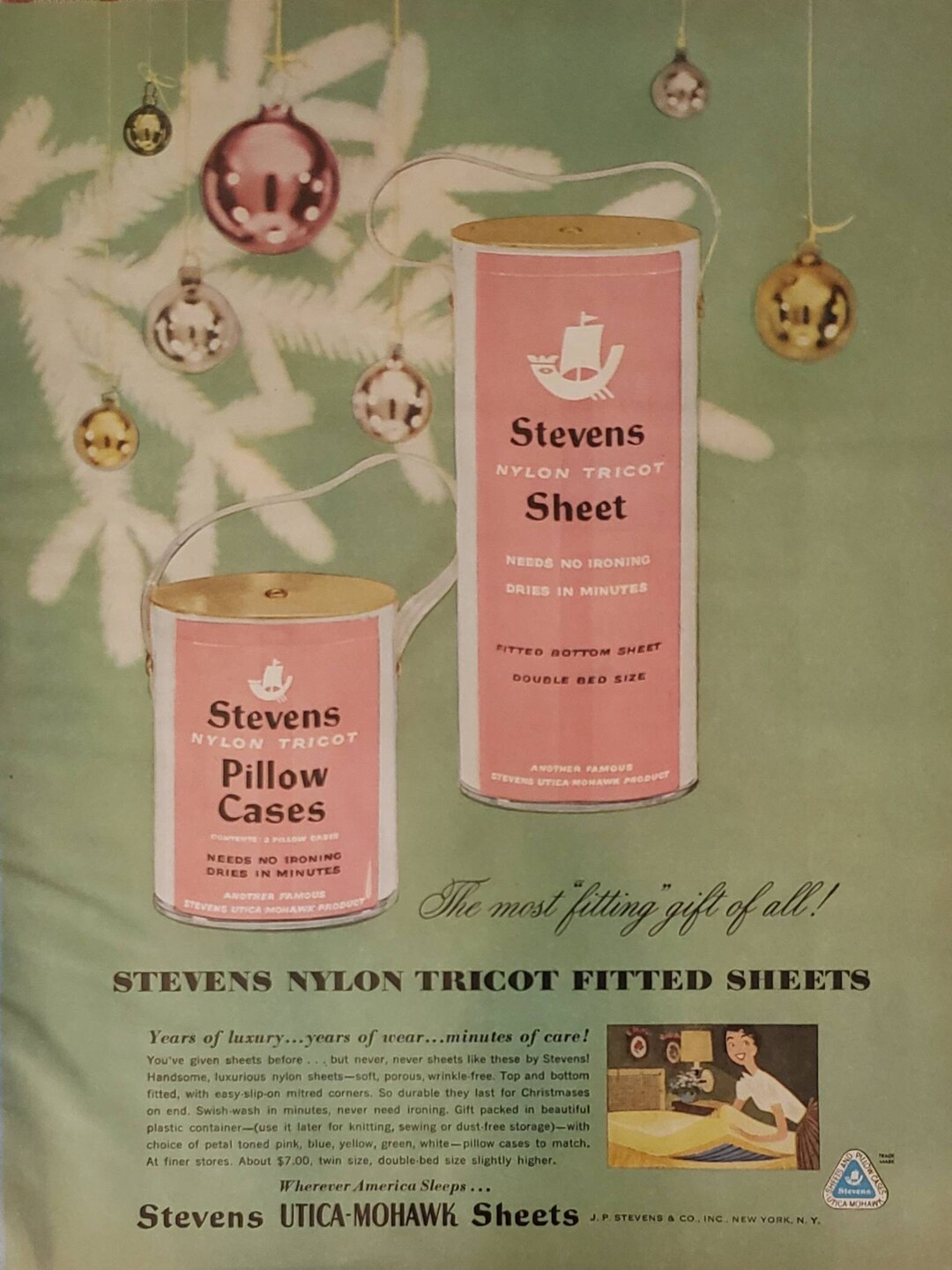 1954 STEVENS Utica Mohawk Sheets Nylon Tricot Fitted Sheet Pillowcases ...