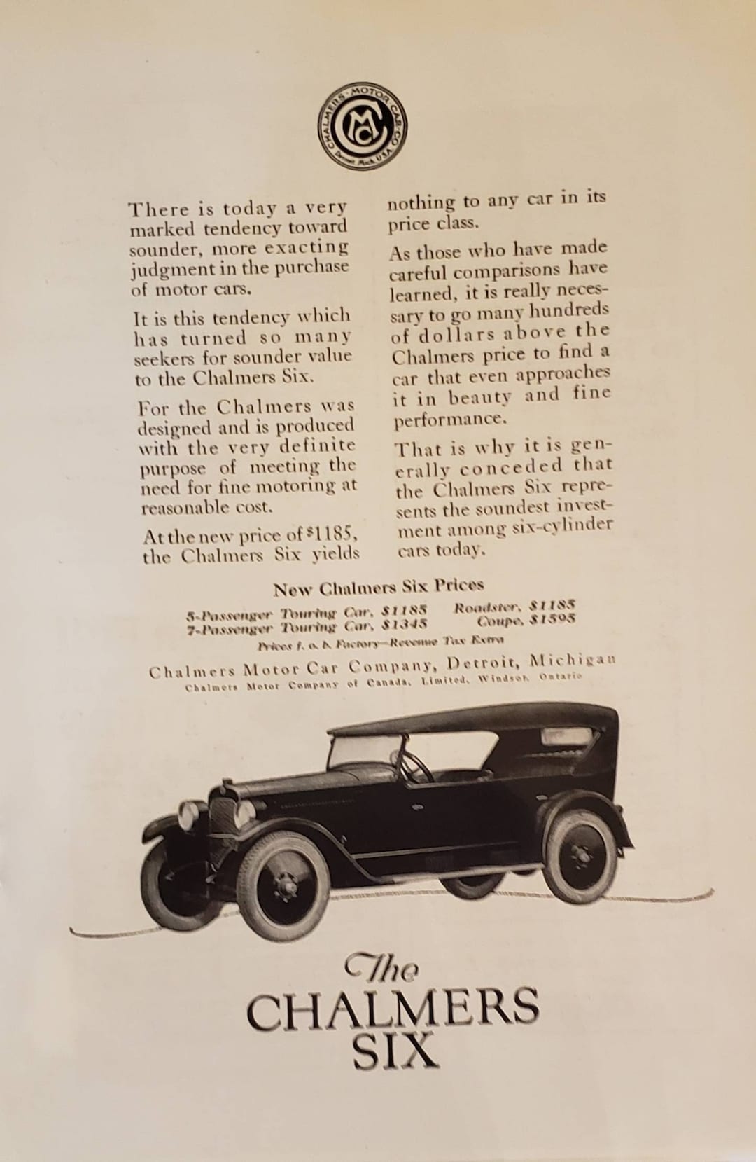 1922 CHALMERS MOTOR Car Company Chalmers Six Sedan Automobile Vintage ...