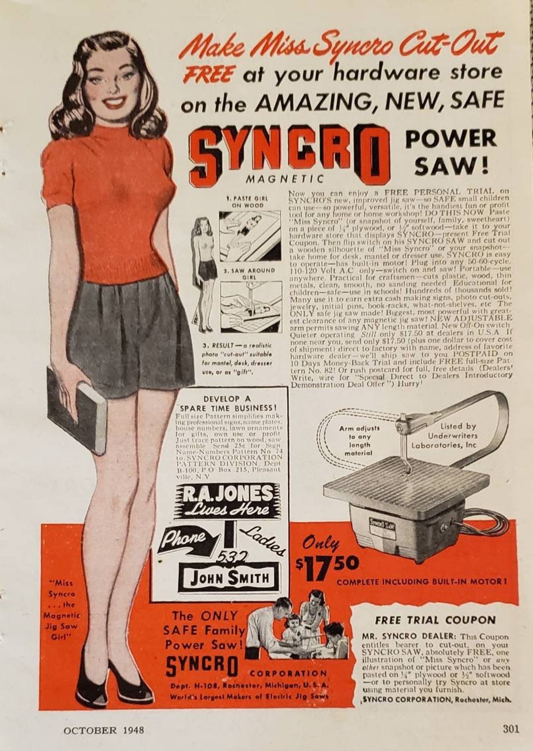 1948 SYNCRO Power Saw Tool Miss Syncro Cut Out Jigsaw Girl Vintage ...