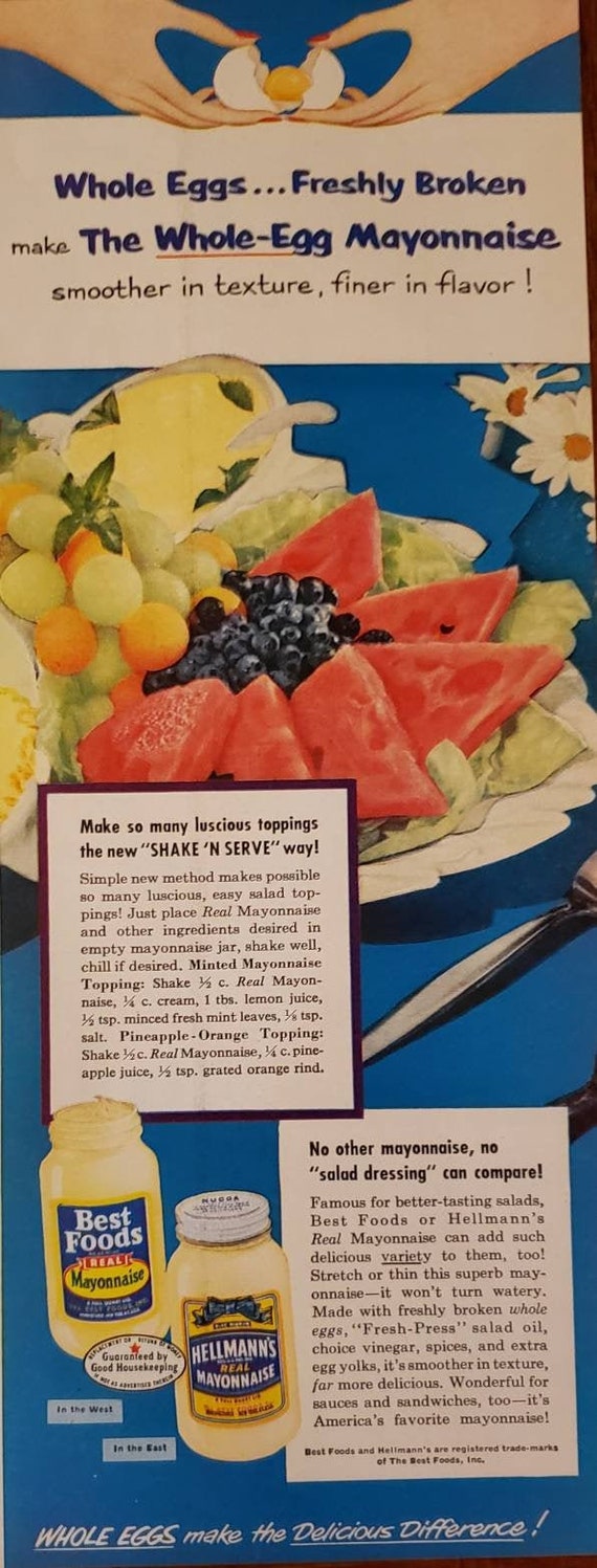 1953 HELLMANN'S Best Foods Whole Egg Mayonnaise Food Salad | Etsy