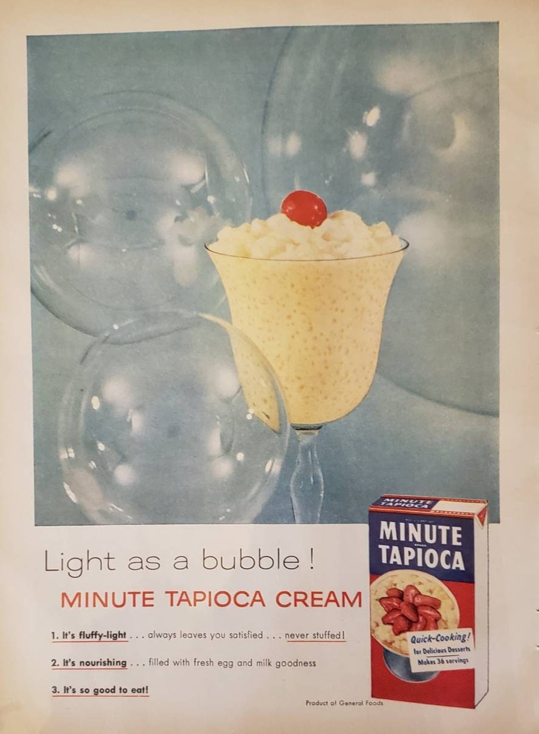 1954 MINUTE TAPIOCA CREAM Dessert Food Light as A Bubble Vintage Print ...