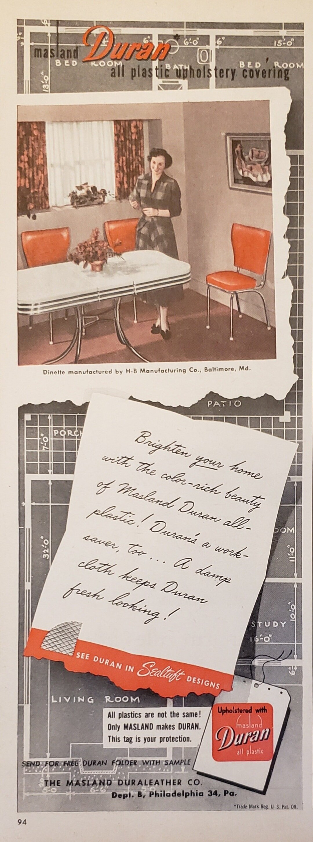 1951 MASLAND DURAN All Plastic Upholstery Cover Household Vintage Print ...