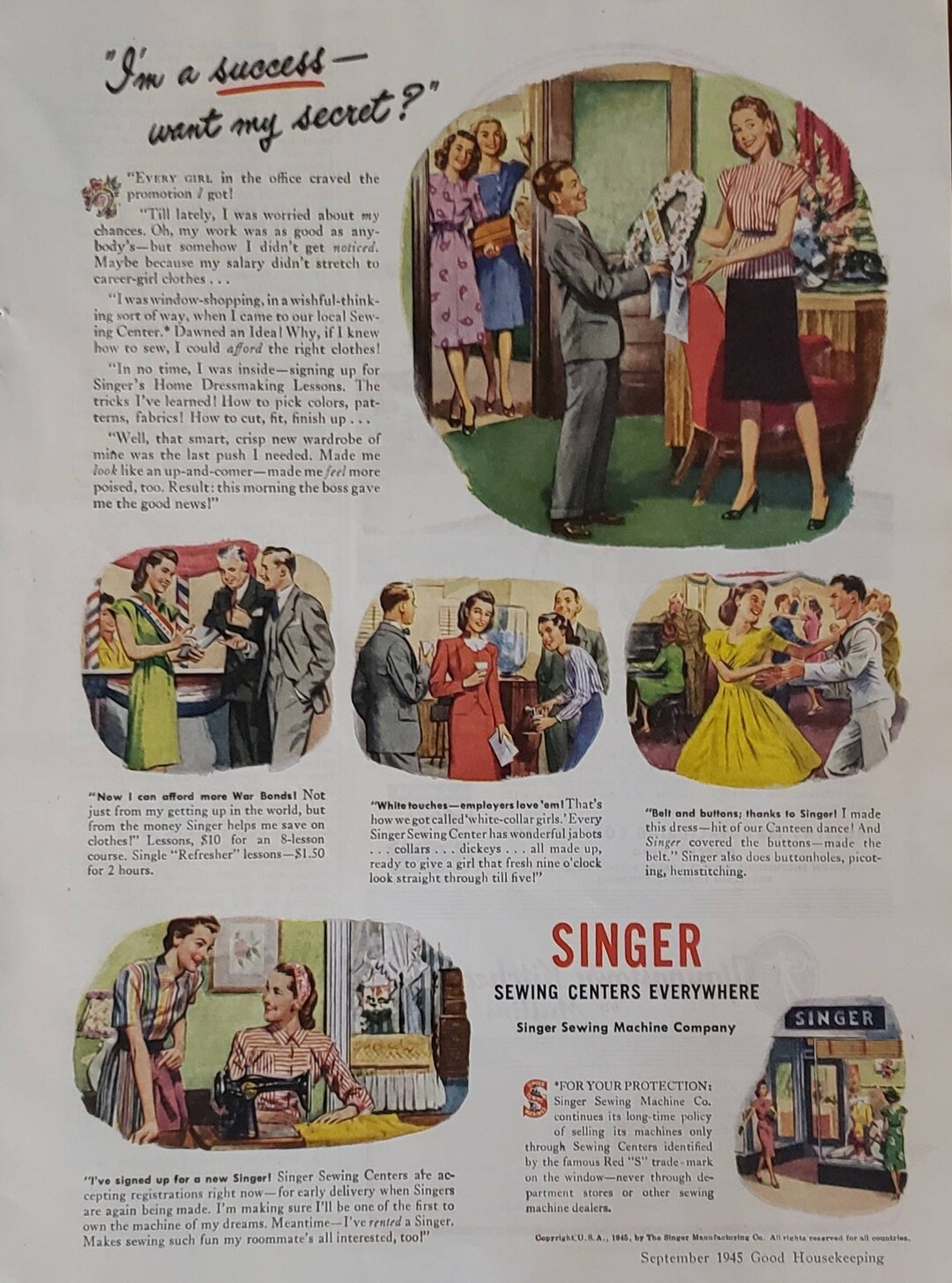 1945 SINGER SEWING Centers Sewing Machine Women Fashion Vintage Print ...