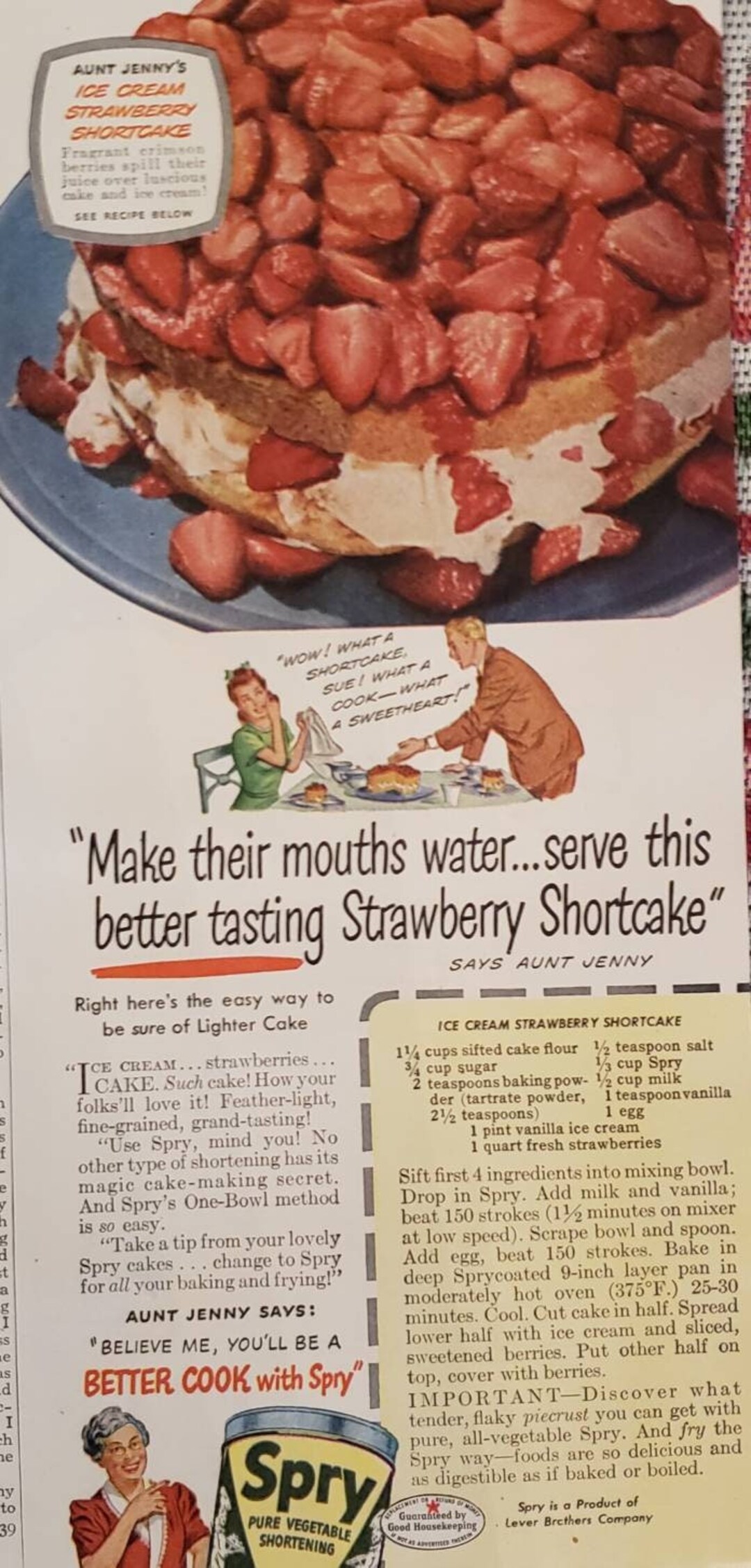 1947 SPRY Pure Vegetable Shortening Baking Strawberry Shortcake Recipe ...