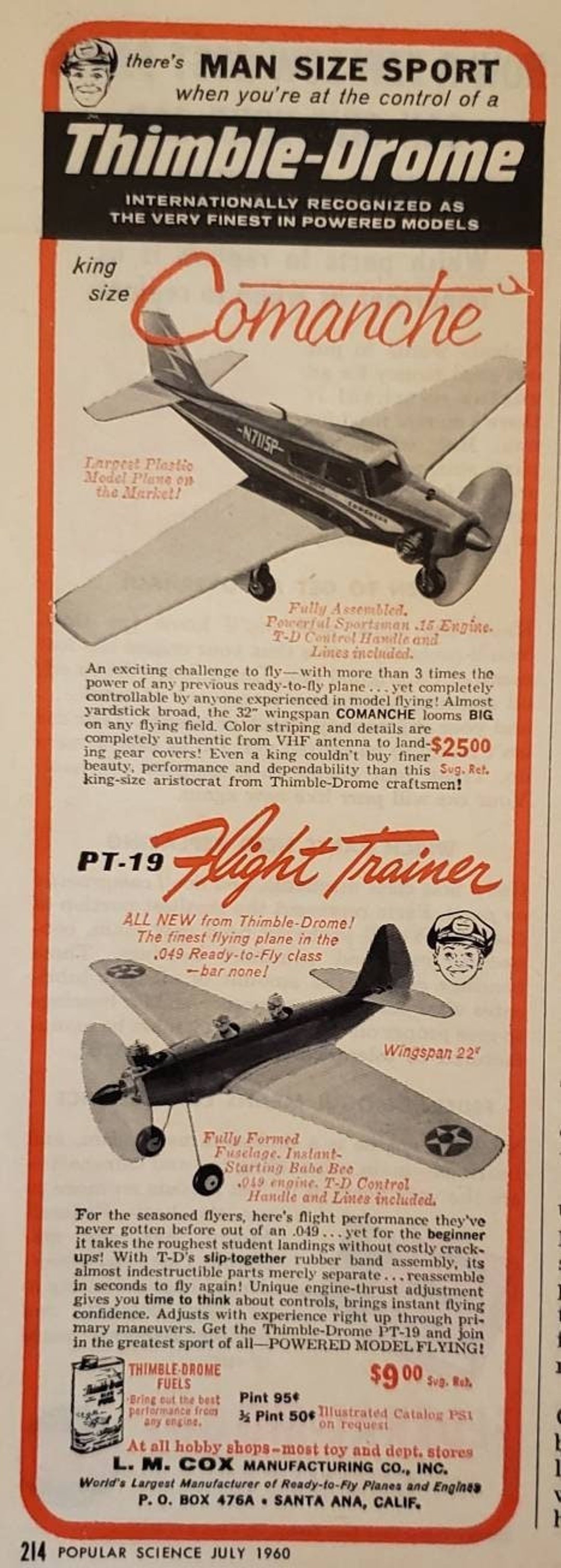 1960 THIMBLE DROME Powered Airplane Model Flying Comanche PT-19 Flight ...